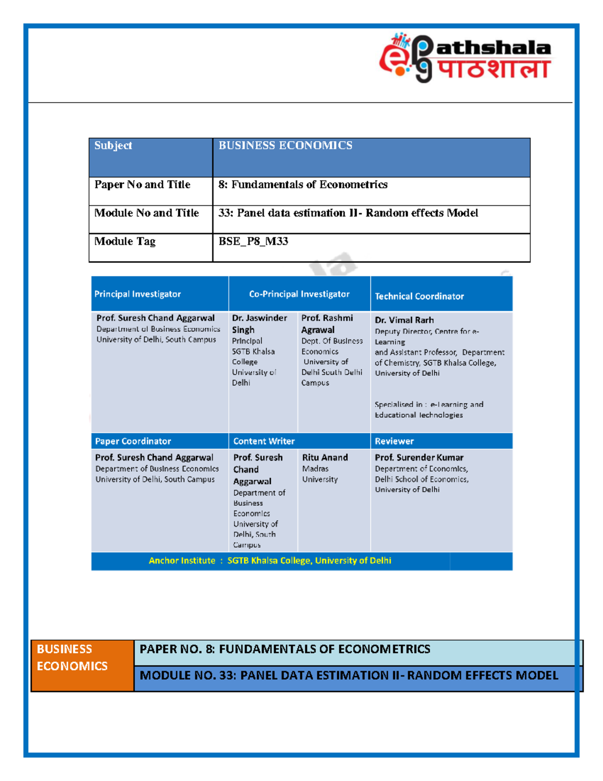 Panel data estimation II- Random effects Model - BUSINESS ECONOMICS PAPER NO. 8: FUNDAMENTALS OF ...
