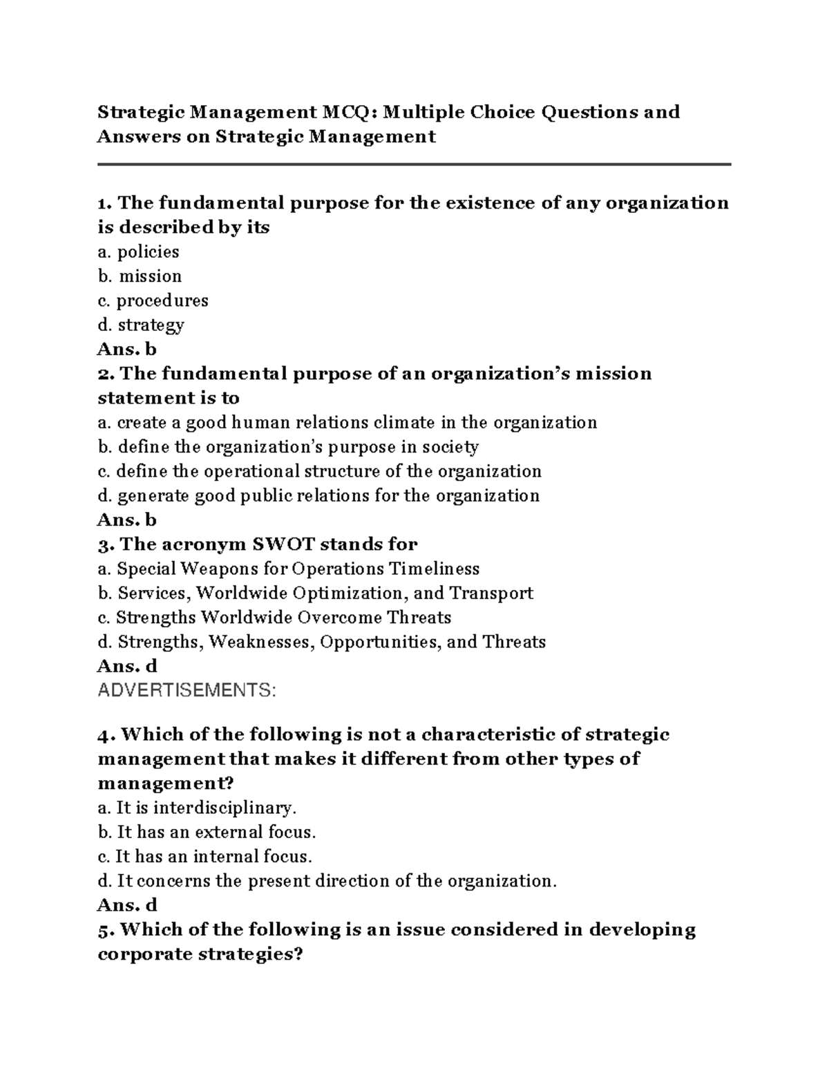 Strategic Management MCQS - policies b. mission c. procedures d ...