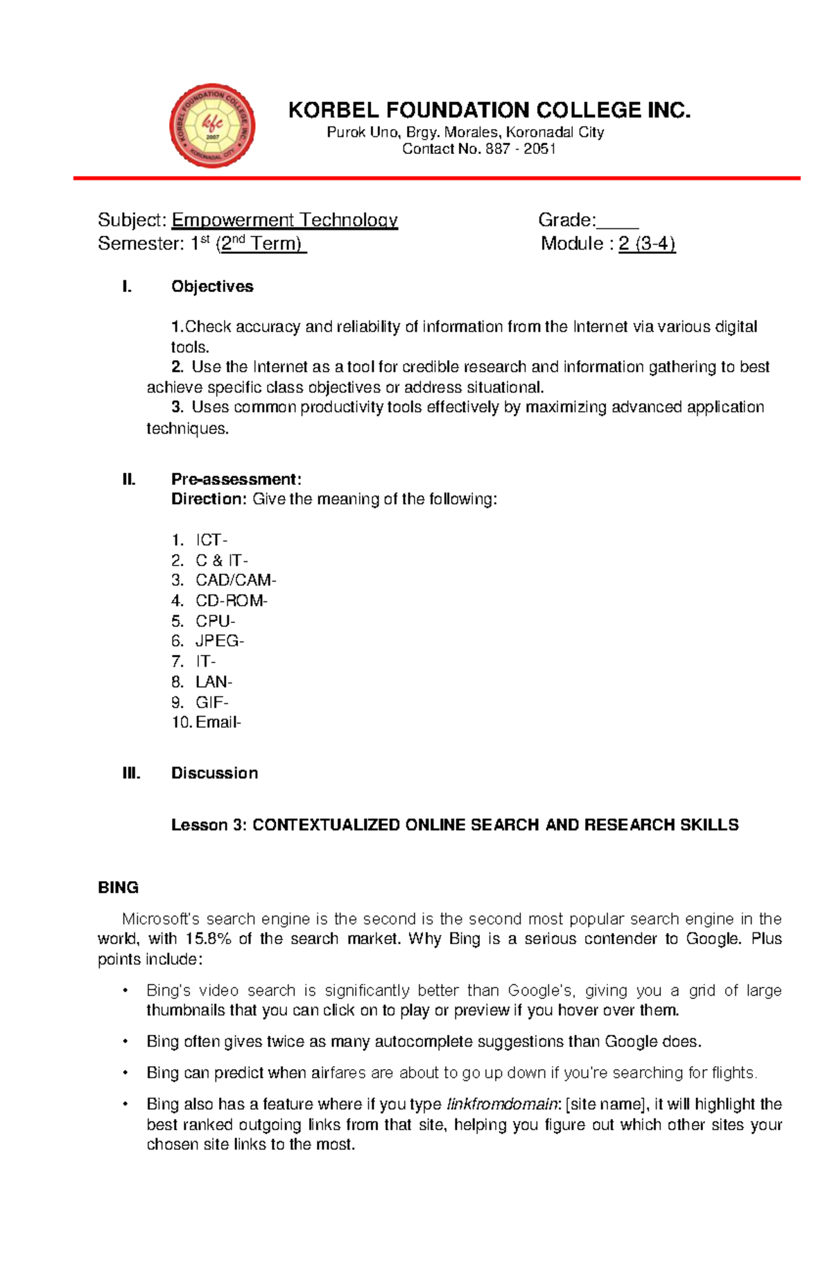 Empowerment module 2 - KORBEL FOUNDATION COLLEGE INC. Purok Uno, Brgy ...