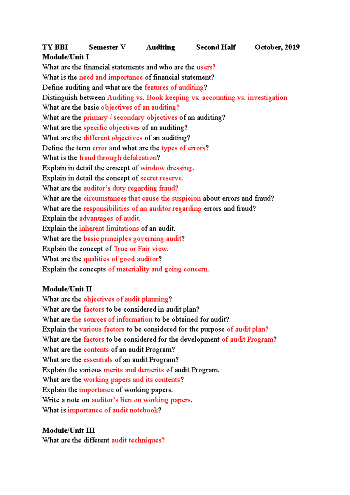 Question BANK Auditing Tybbi - TY BBI Semester V Auditing Second Half ...