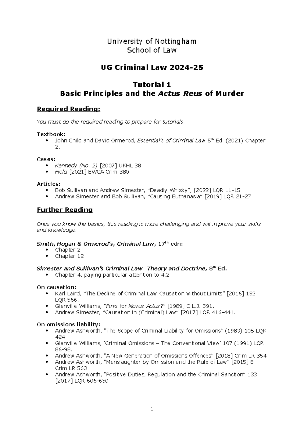 Criminal Law Tutorial 1 - University of Nottingham School of Law UG Criminal Law 2024- Tutorial ...