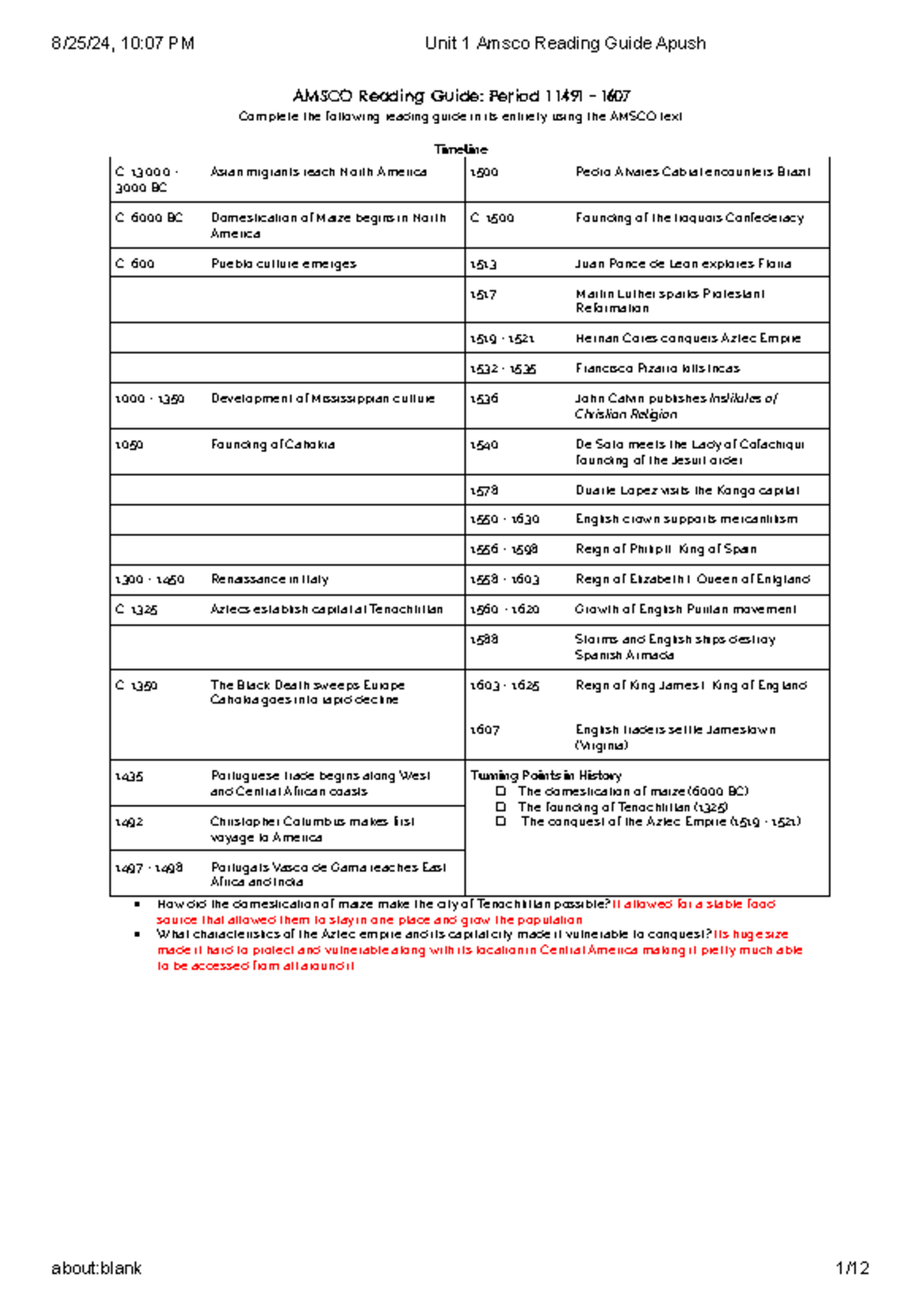 Unit 1 Amsco Reading Guide Apush - AMSCO Reading Guide: Period 1 1491 ...