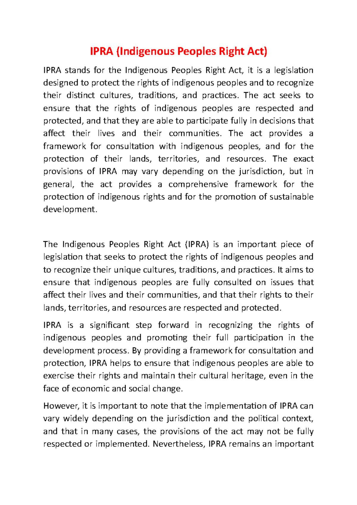 IPRA - ASSIGNMENTS - IPRA (Indigenous Peoples Right Act) IPRA stands ...