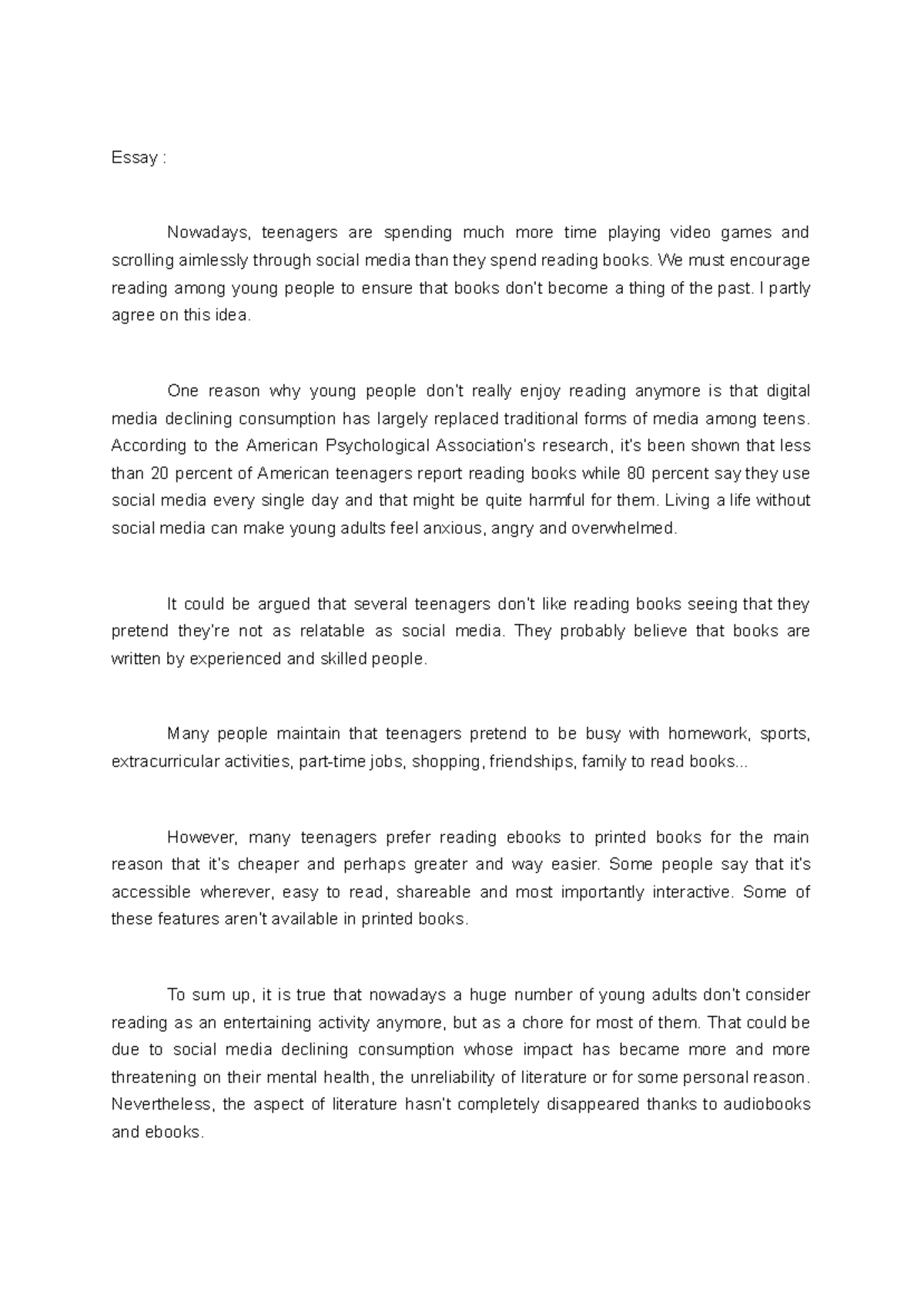 Essay - We must encourage reading among young people to ensure that ...