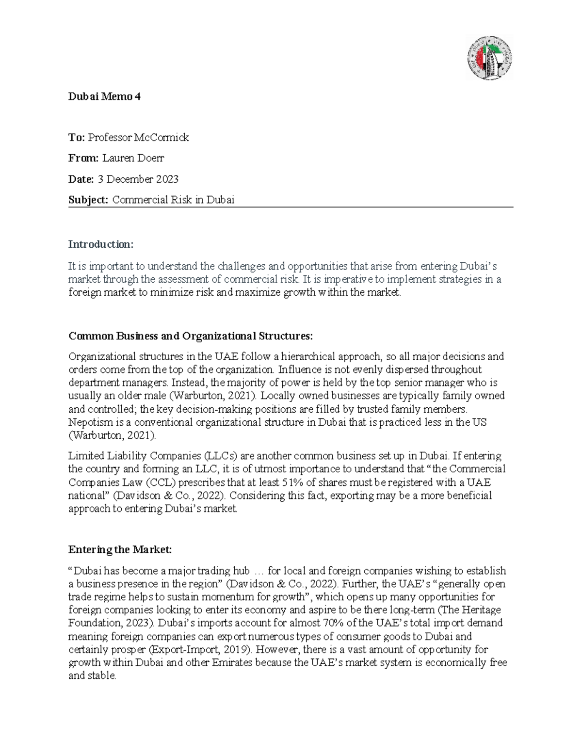 Country Project - Dubai Memo 4 - Dubai Memo 4 To: Professor McCormick ...