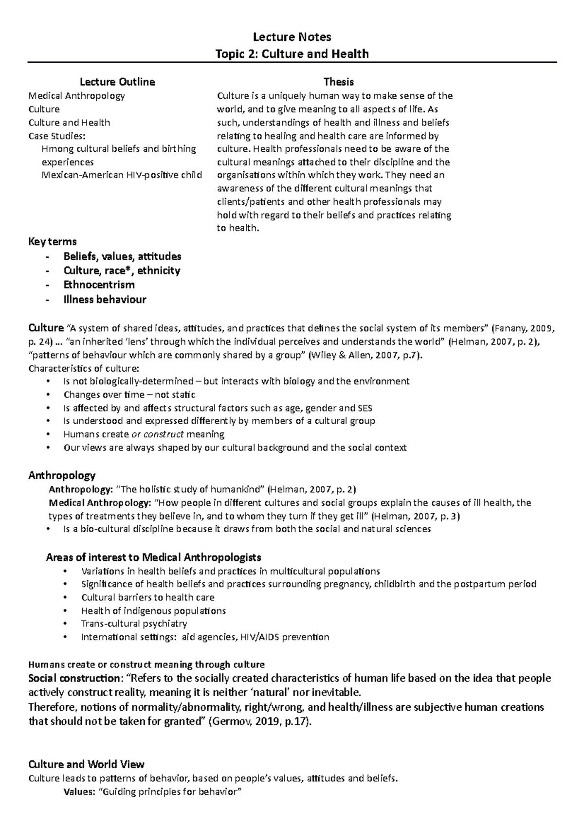 NURS1003 - Week 2 Lecture Notes - Lecture Notes Topic 2: Culture and ...