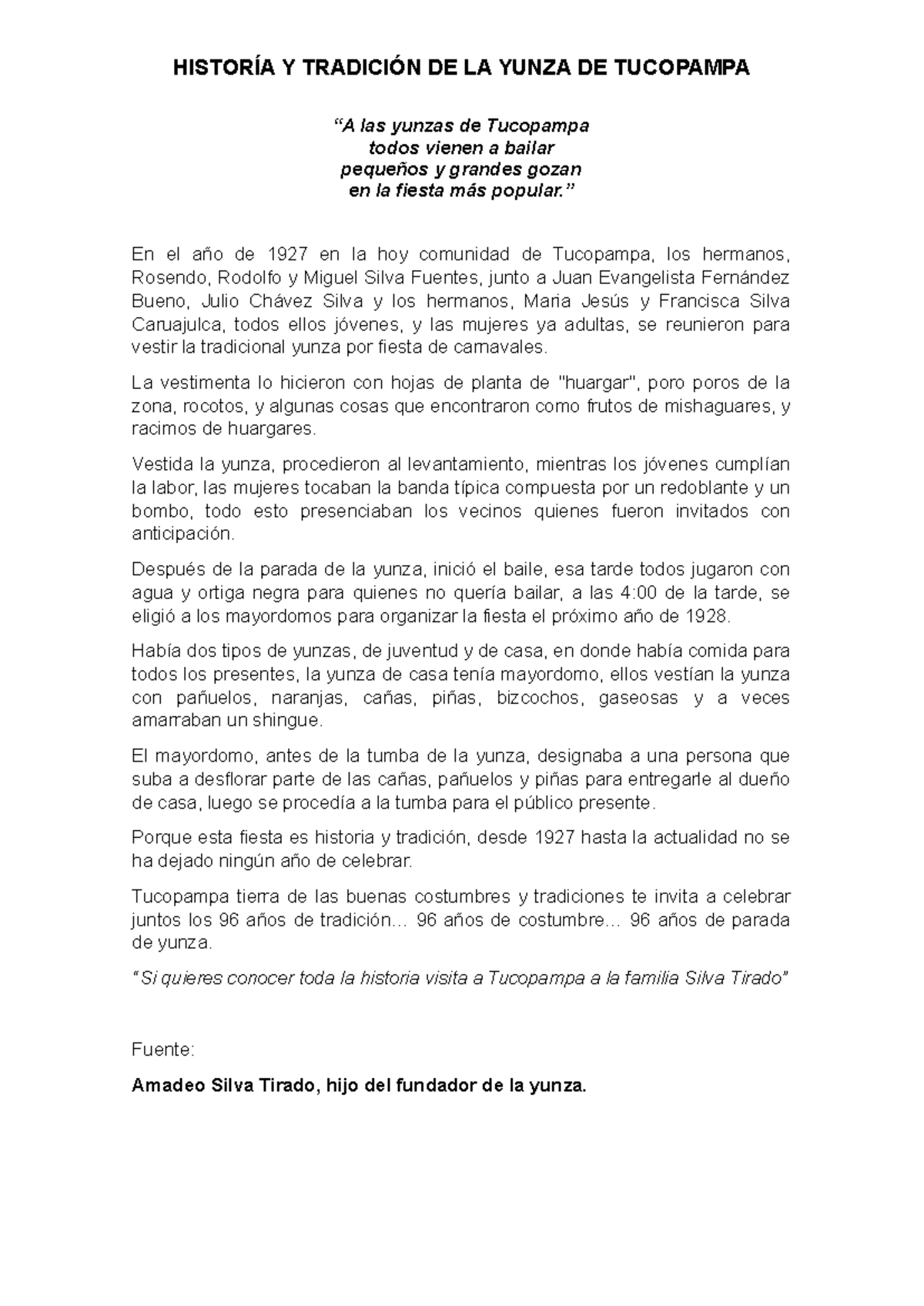 Historia Y Tradición - HISTORÍA Y TRADICIÓN DE LA YUNZA DE TUCOPAMPA “A ...