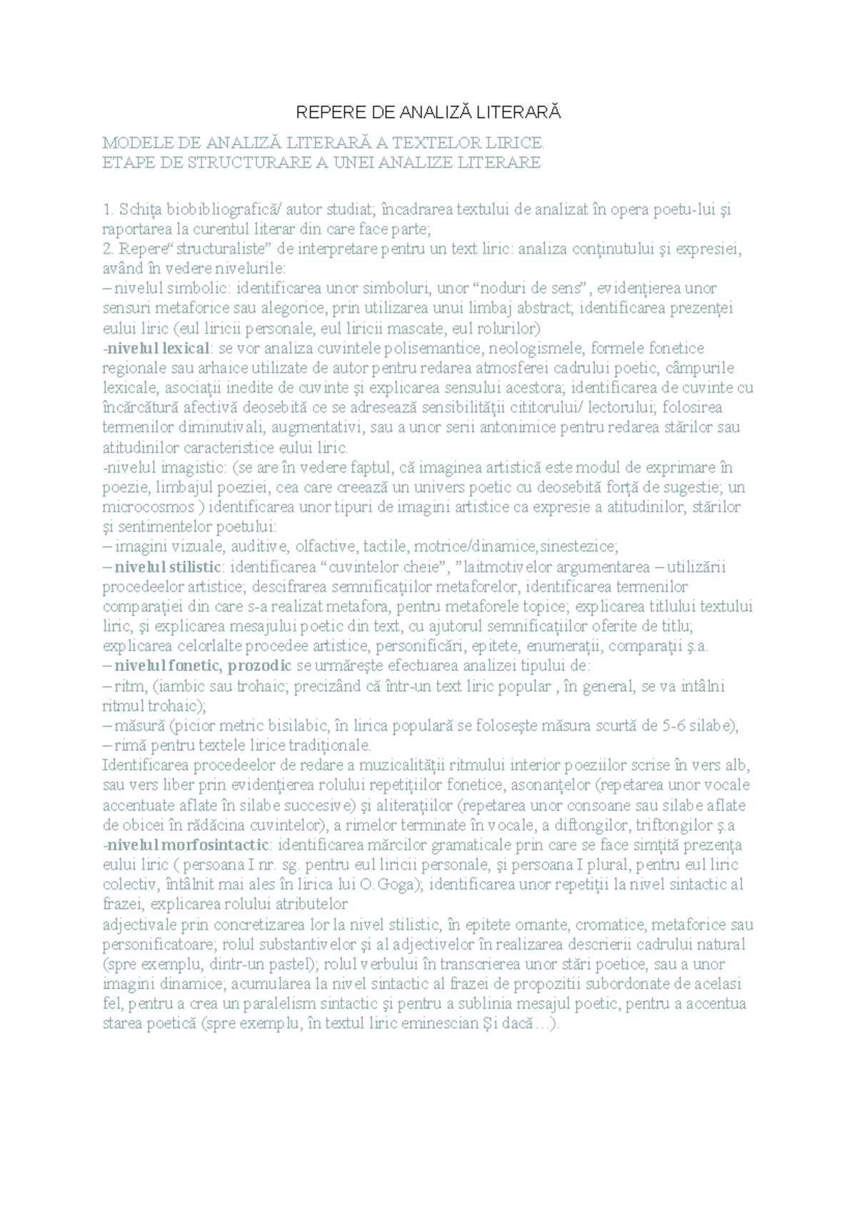 Analiza niveluri - REPERE DE ANALIZĂ LITERARĂ MODELE DE ANALIZĂ ...