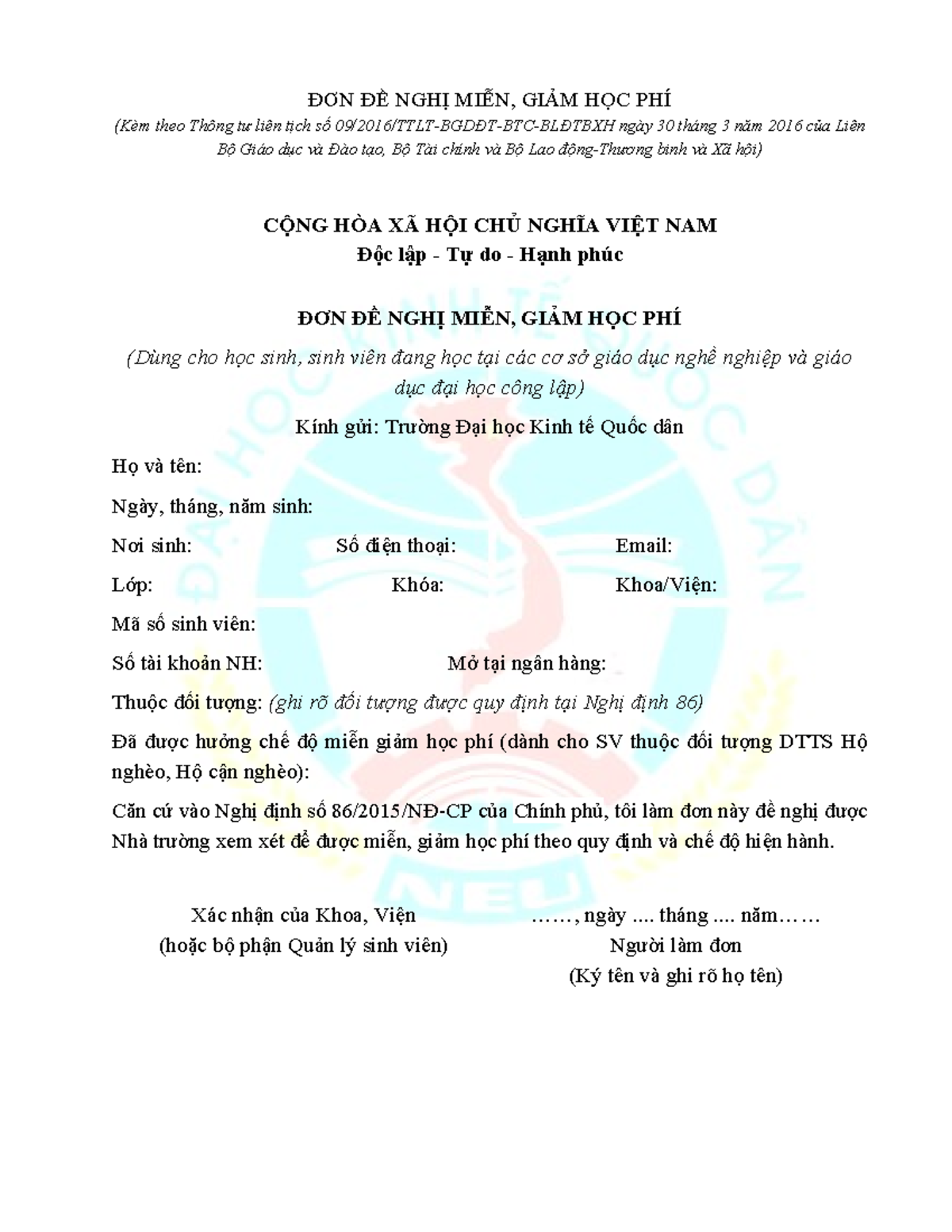 Don de nghi MGHP - ĐƠN ĐỀ NGHỊ MIỄN, GIẢM HỌC PHÍ (Kèm theo Thông tư ...