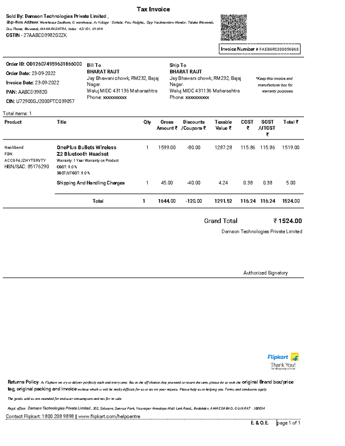 One Plus headphones - Hajiak - E. & O. page 1 of 1 *Keep this invoice ...