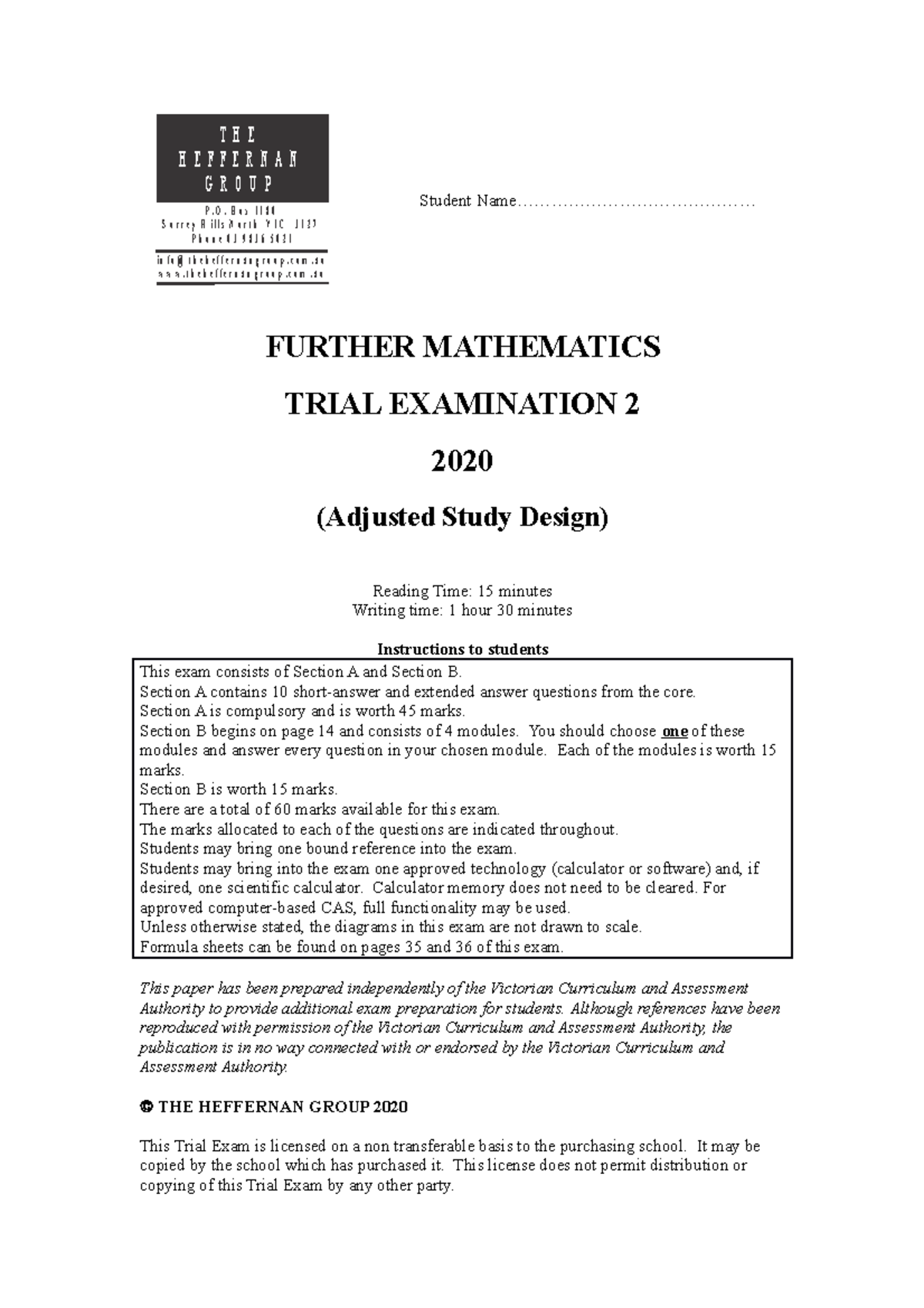 2020 Further Maths Exam 2 Student Name 2020-further-maths-exam-2-student-name
