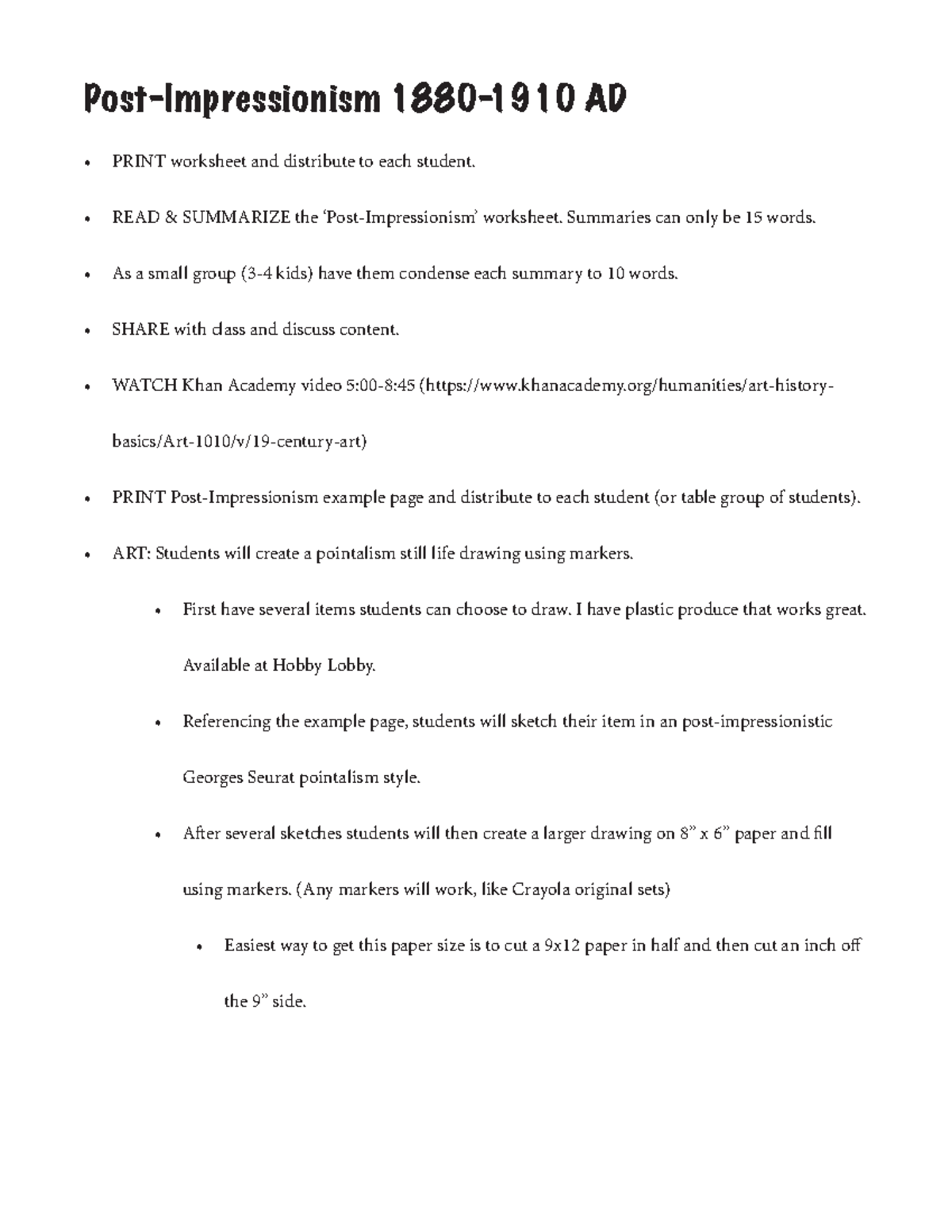 Post impressionism - Post-Impressionism 1880-1910 AD • PRINT worksheet ...