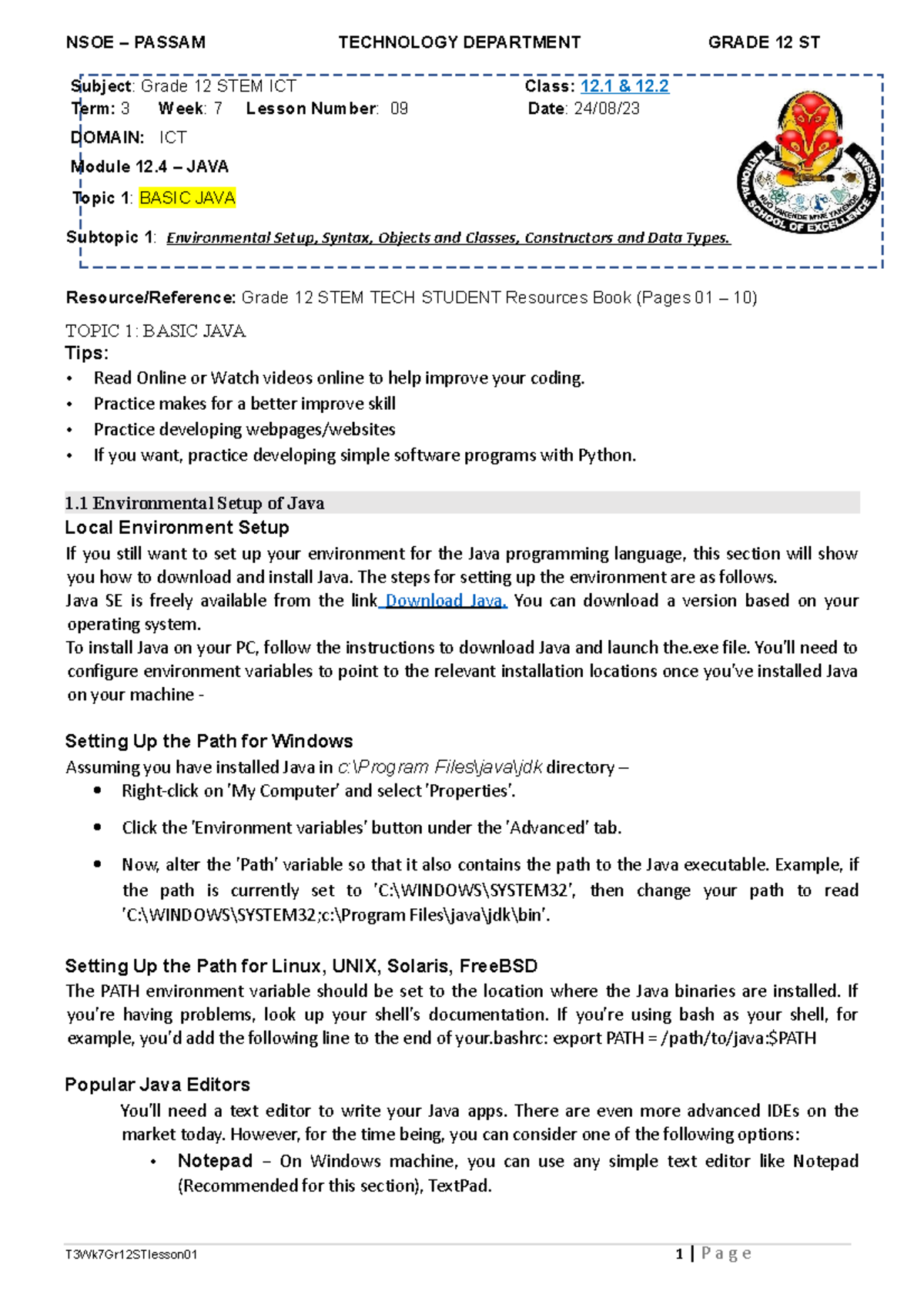 12 - Download the lecture notes uploaded. - Subject: Grade 12 STEM ICT ...