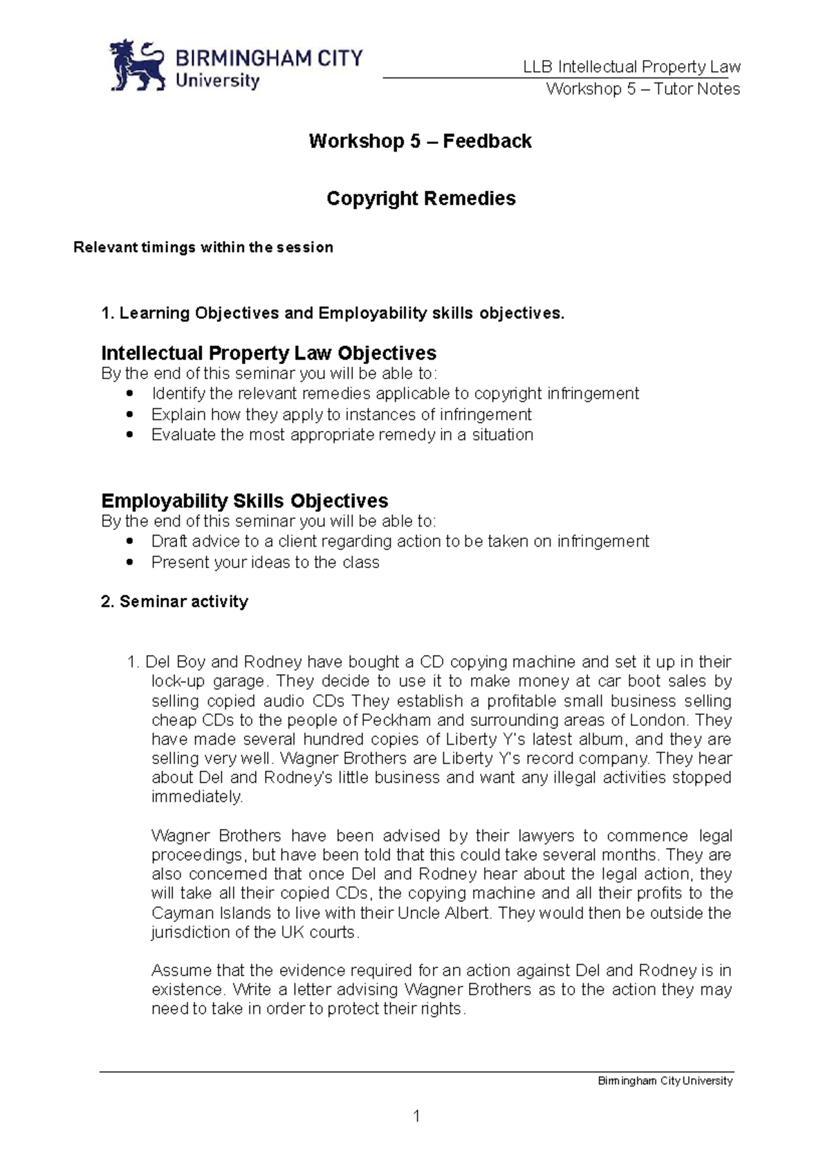 LAW6072 Workshop 5 Tutor Notes-2 - Workshop 5 – Feedback Copyright ...