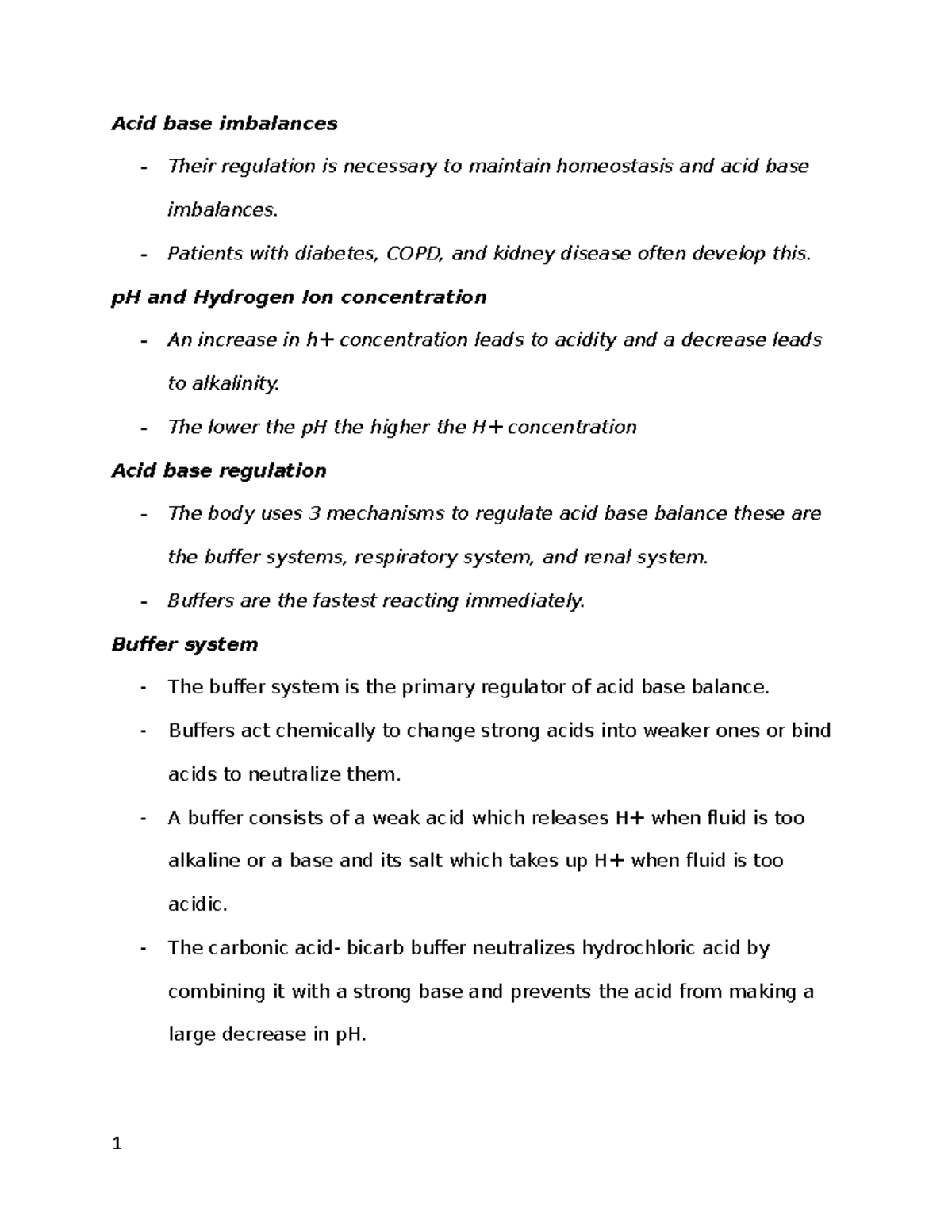 Sepsis acid base notes - Acid base imbalances - Their regulation is ...