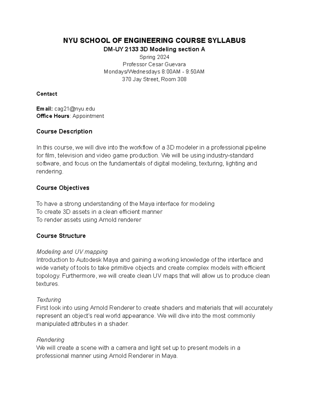 3D Modeling Syllabus Spring 2024 - NYU SCHOOL OF ENGINEERING COURSE ...