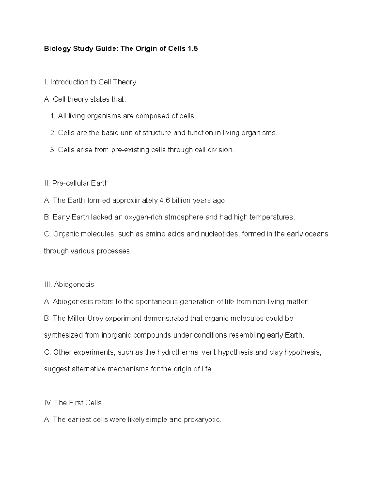 Biology Study Guide The Origin of Cells 1 - I. Introduction to Cell ...