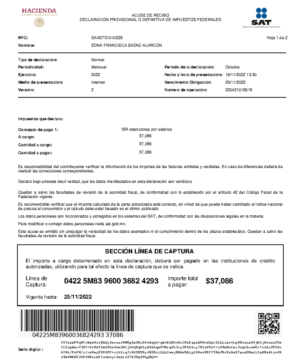 RET ISR SYS Octubre 2022 - Impuestos que declara: Concepto de pago 1 ...