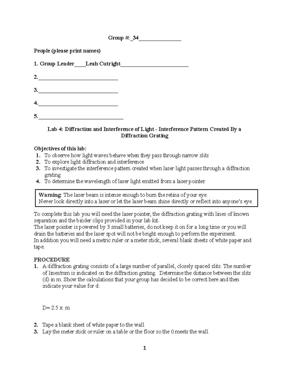 Lab 4 Worksheet 2024 - physics lab - Group #:34______________ People ...