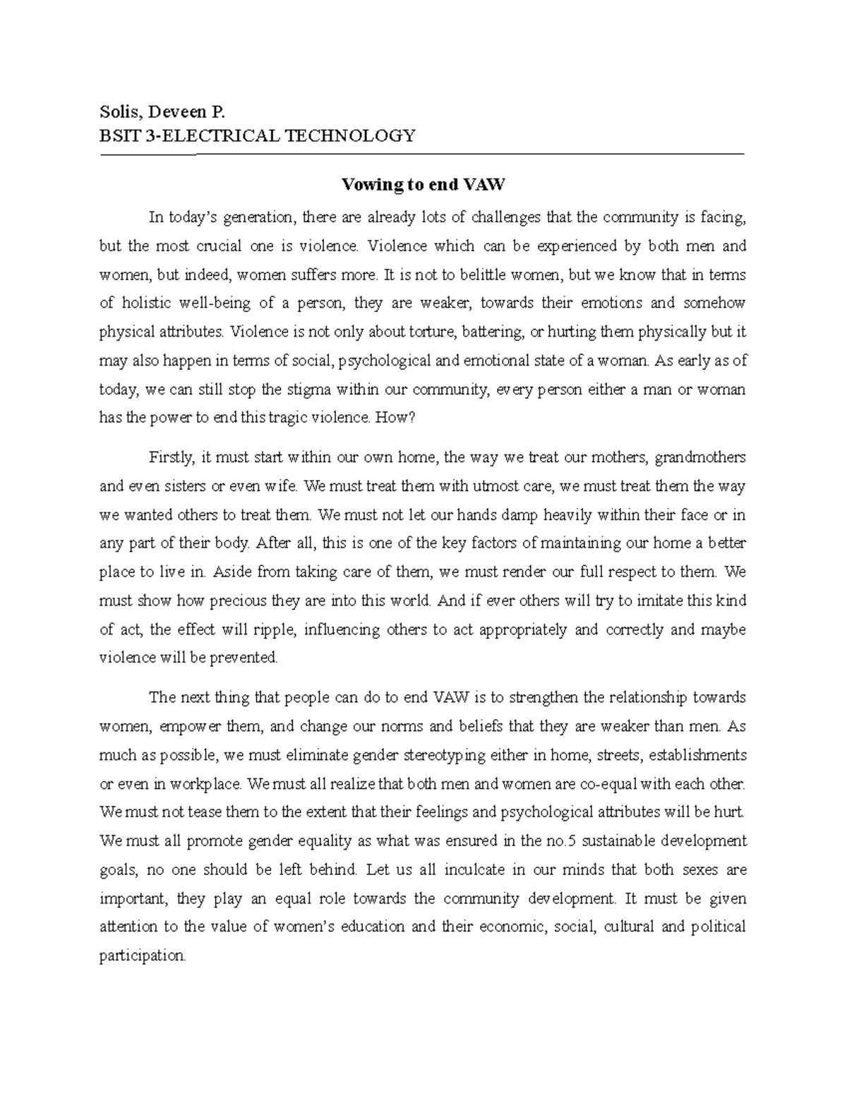 Solis, Deveen P. (Ending VAW) - Solis, Deveen P. BSIT 3-ELECTRICAL ...