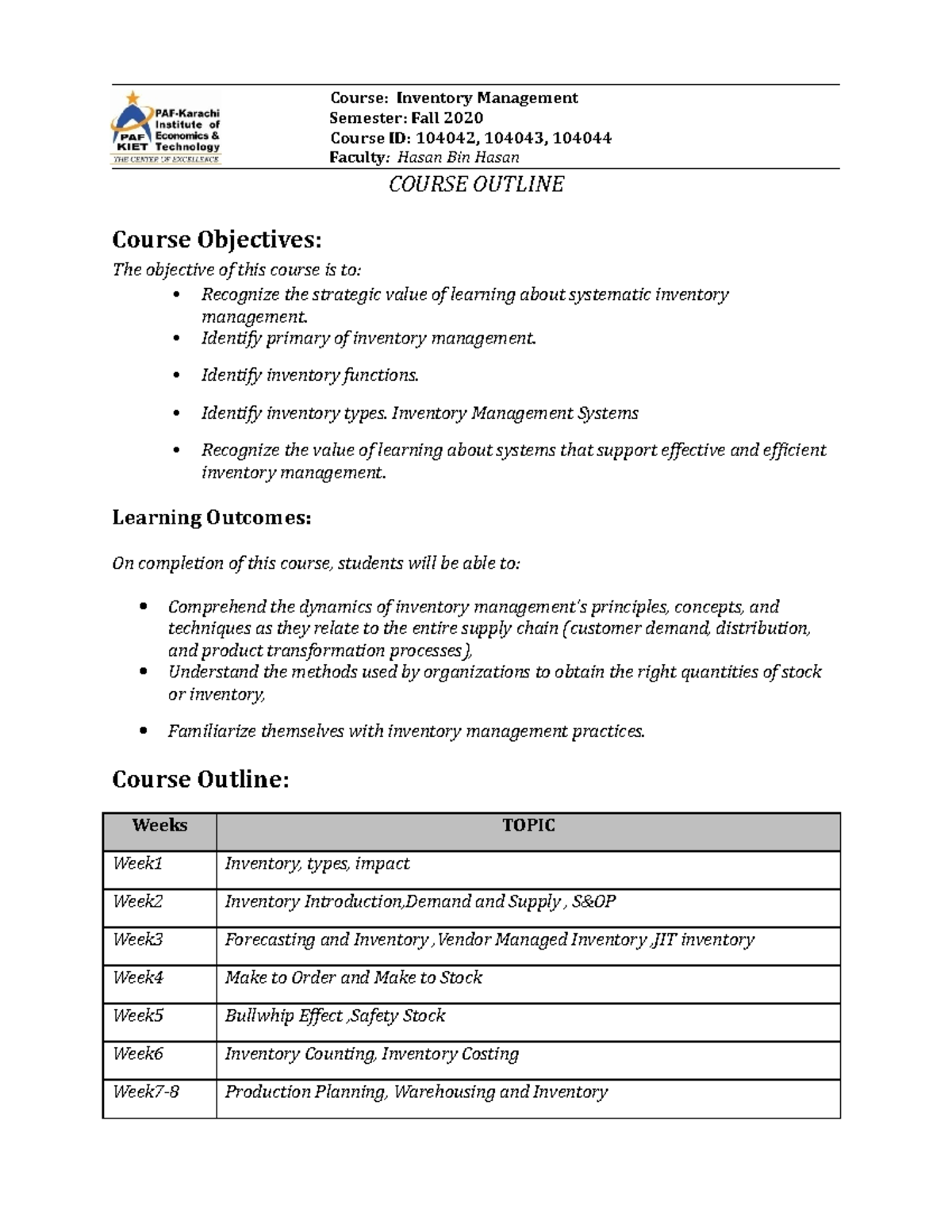 Inventory Management - Course: Inventory Management Semester: Fall 2020 ...