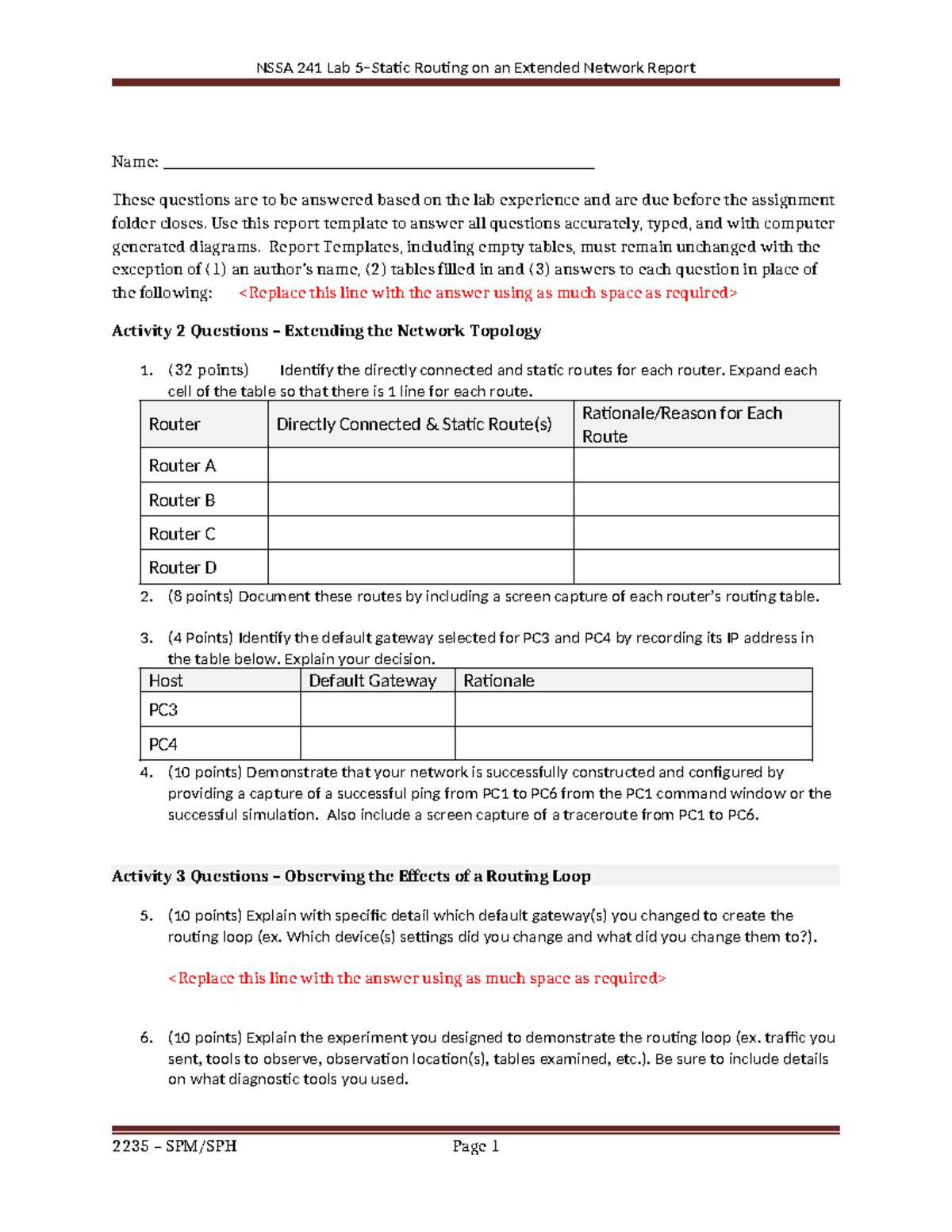 241 Lab5 Report Online 2235 - NSSA 241 Lab 5–Static Routing on an Extended Network Report Name ...