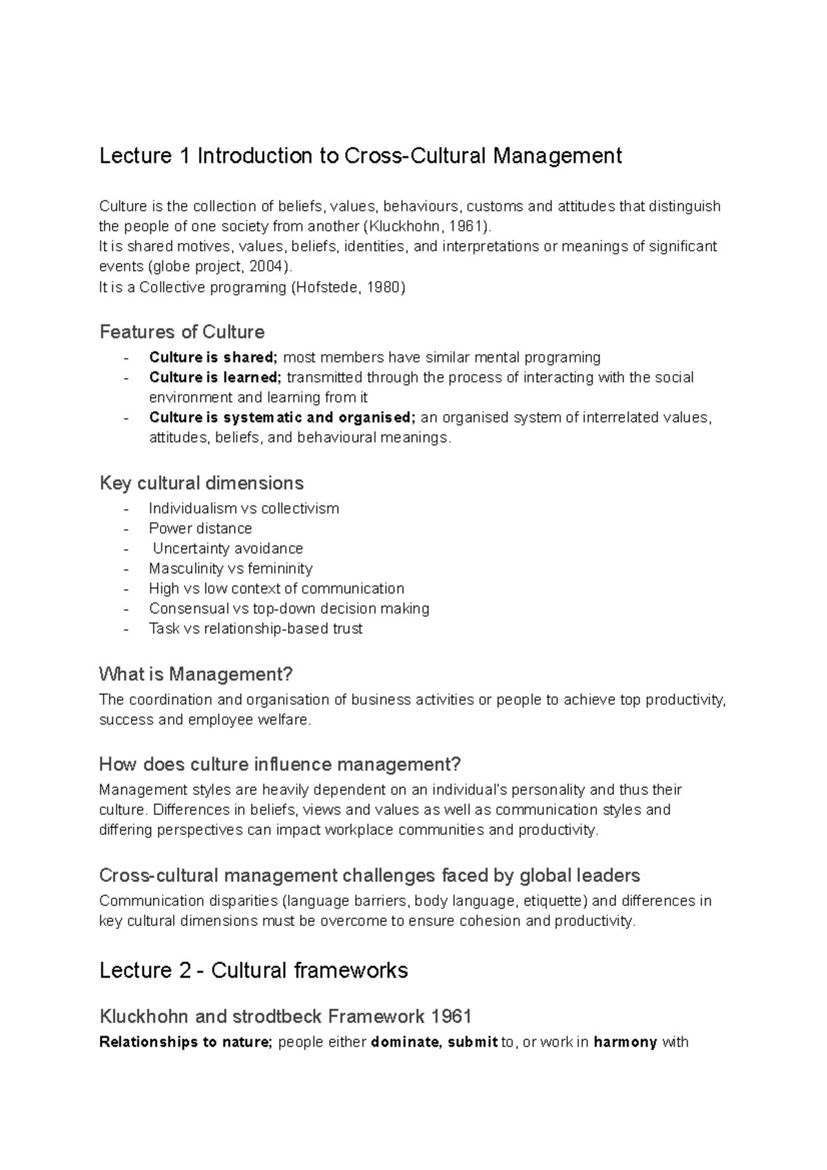 IBUS1102 Notes - Lecture 1 Introduction to Cross-Cultural Management ...