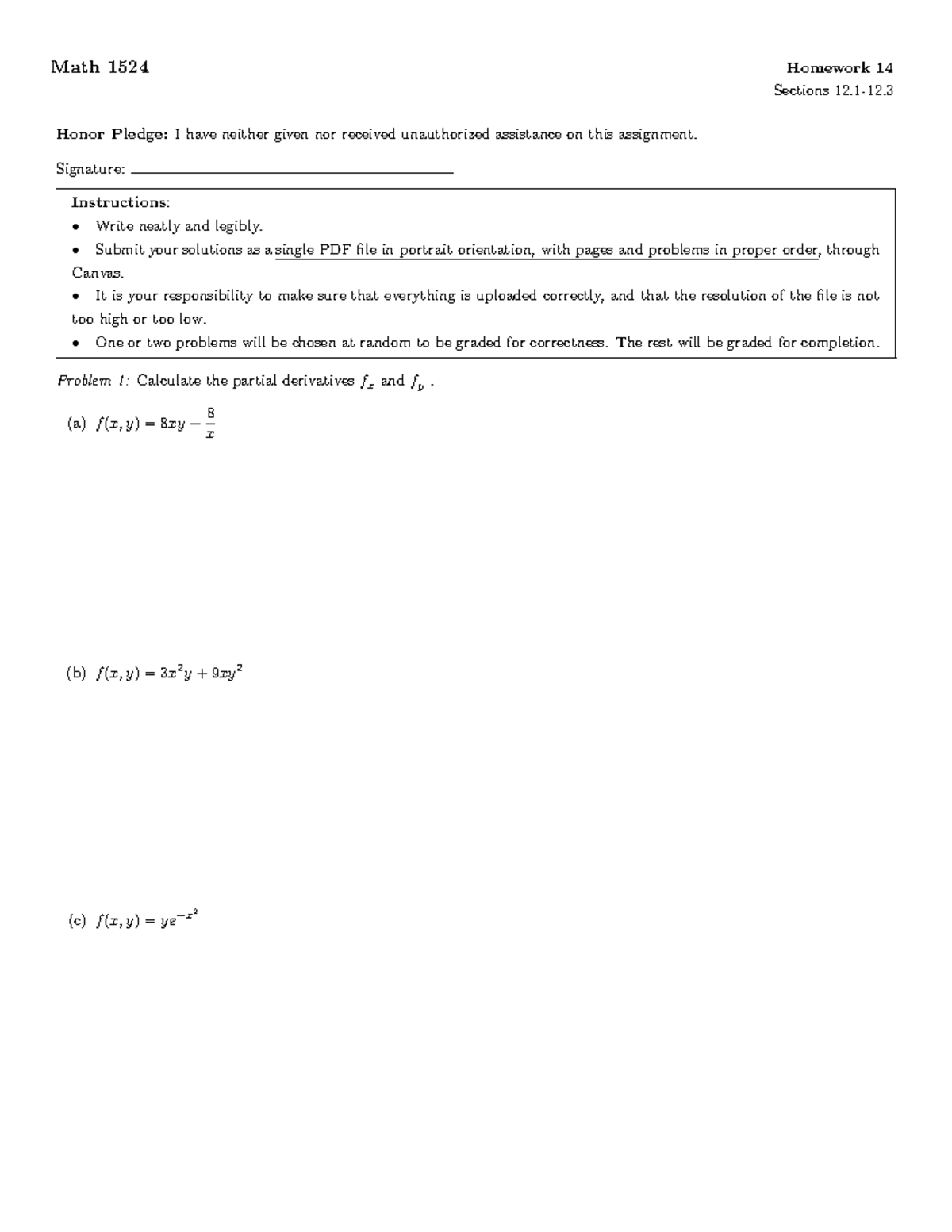 Week 14 - Written HW - Math 1524 Homework 14 Sections 12-12. Honor ...