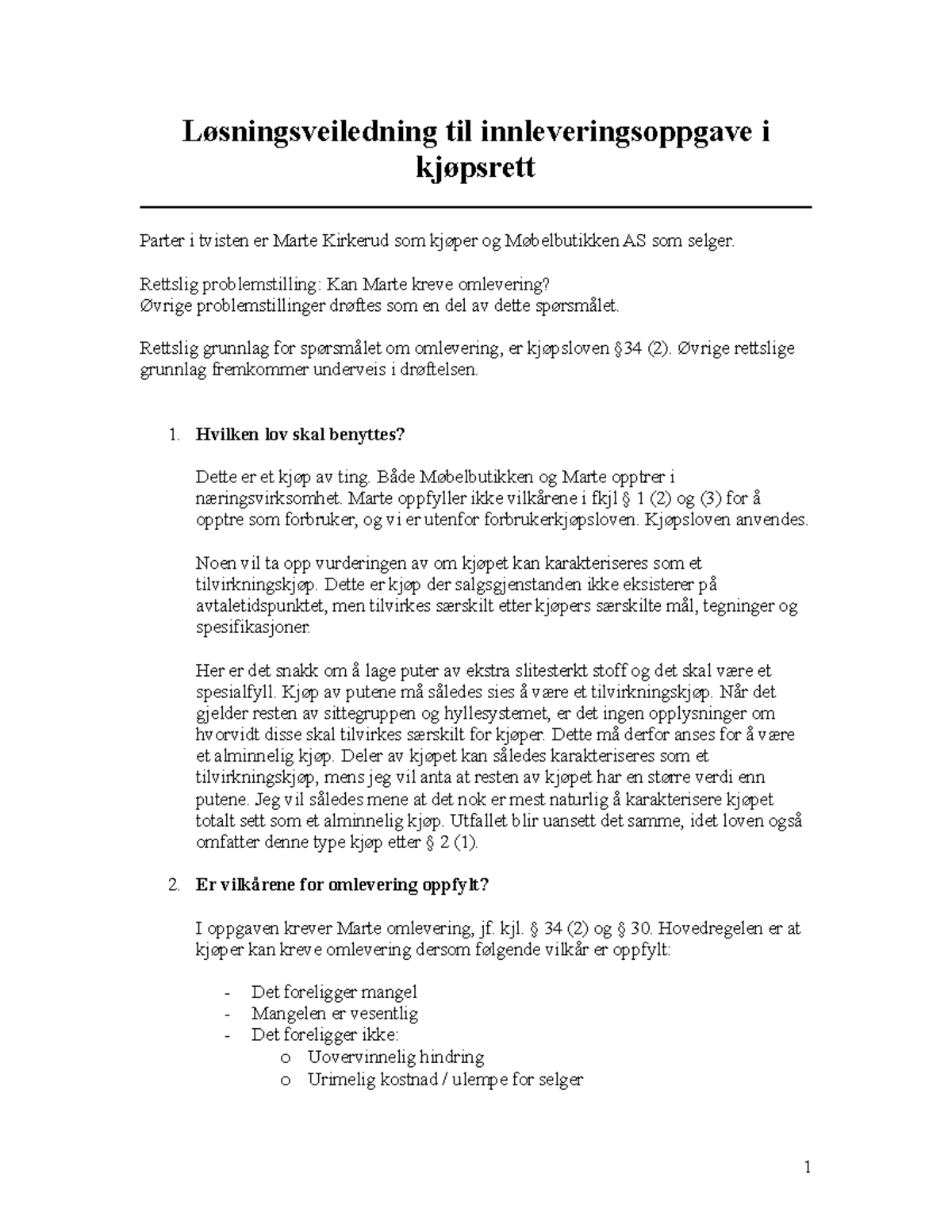 Løsningsveiledning innleveringsoppgave kjøpsrett - Løsningsveiledning til innleveringsoppgave i ...