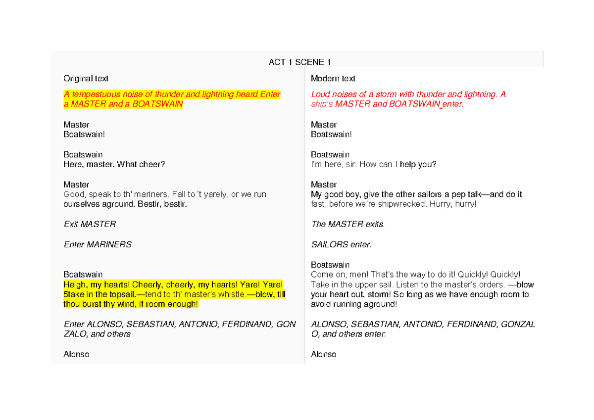 The Tempest side by side transcript Sr Wgkfg - ACT 1 SCENE 1 Original ...