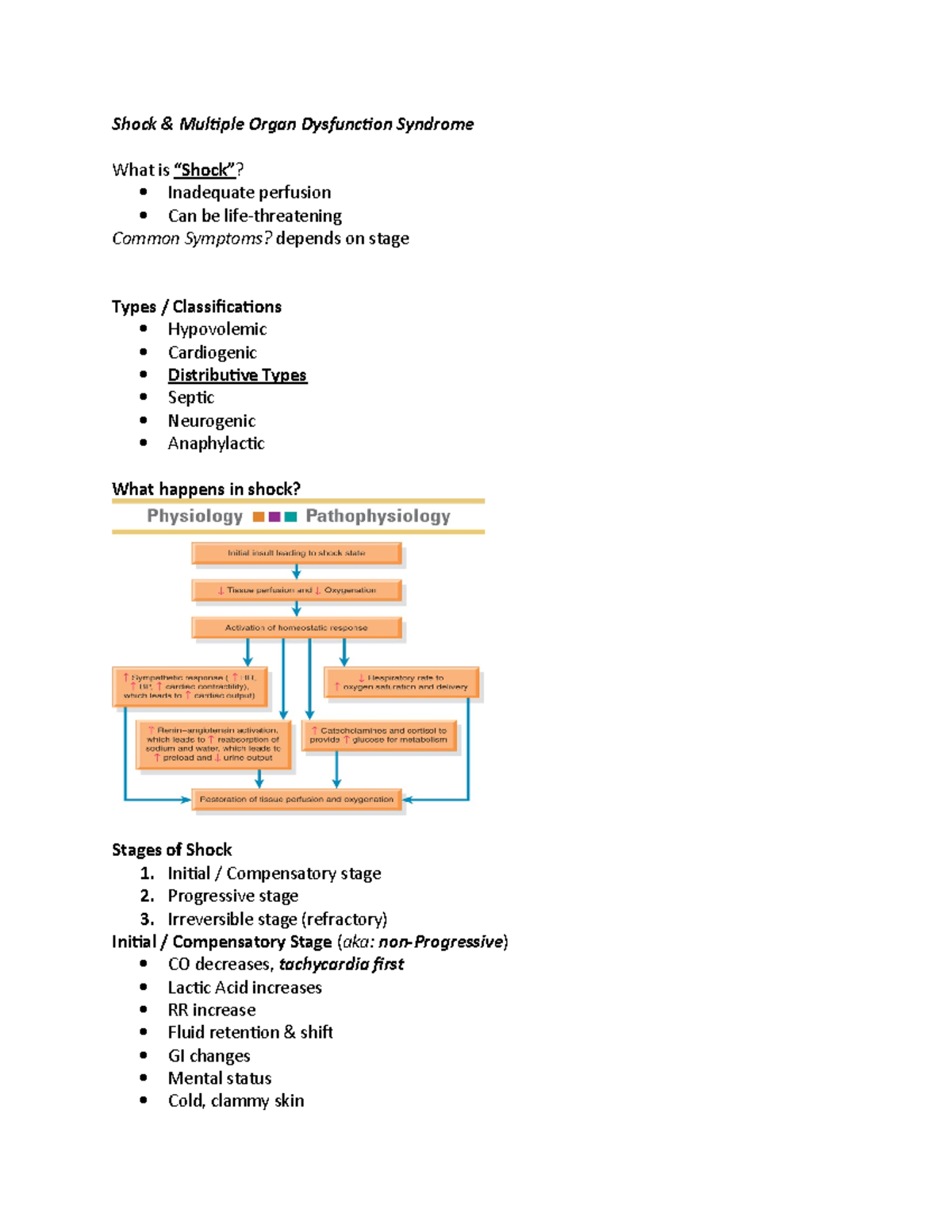 Shock - Initial / Compensatory stage 2. Progressive stage 3 ...