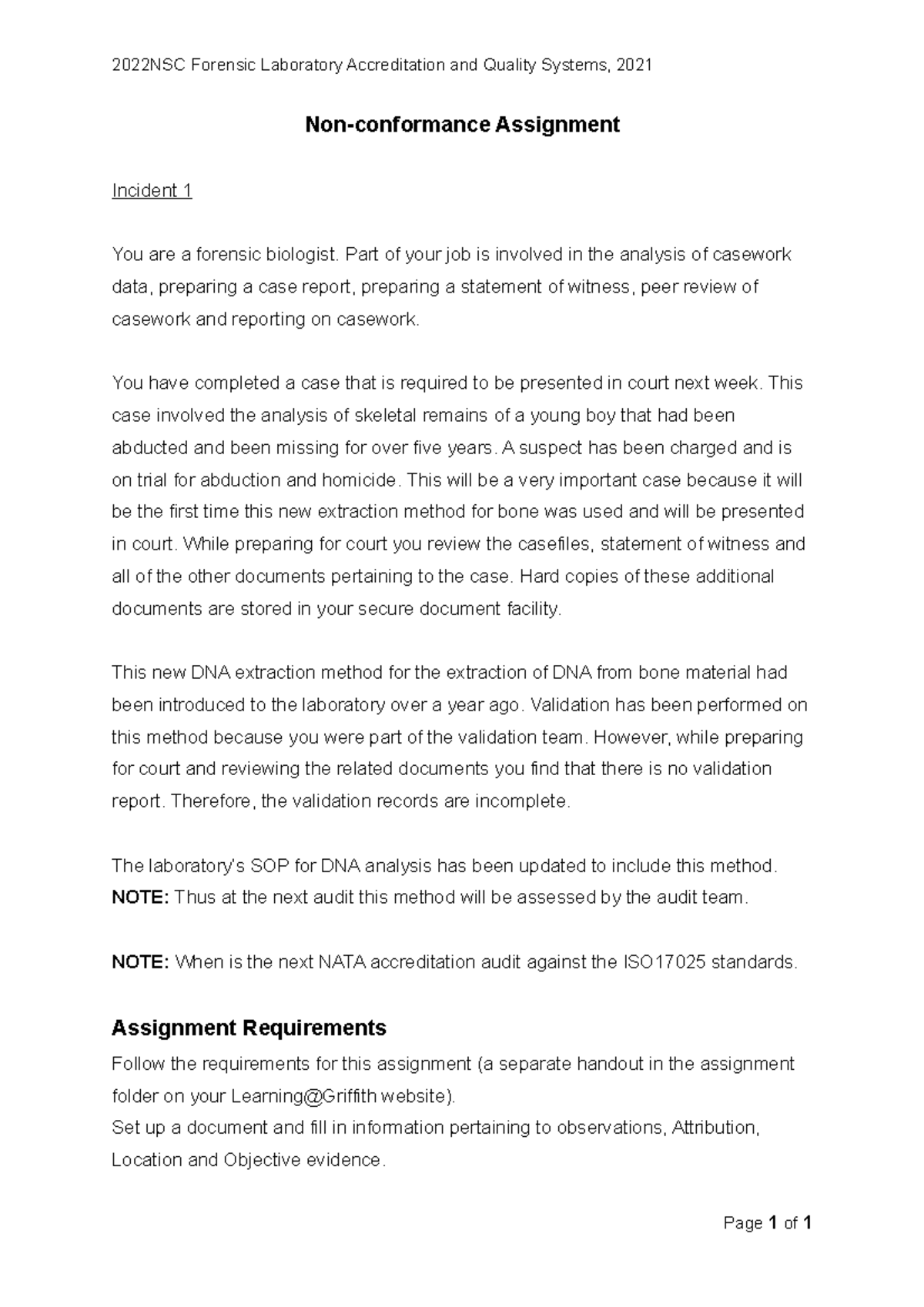 2022NSC Non-conformance Assignment - Incident One 2021 - 2022NSC ...