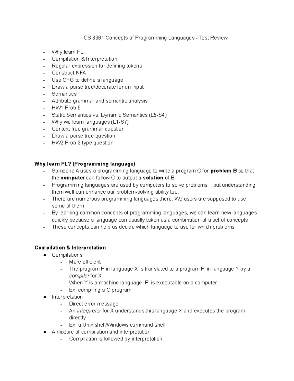 CS 3361 Test Review - CS 3361 Concepts of Programming Languages - Test ...