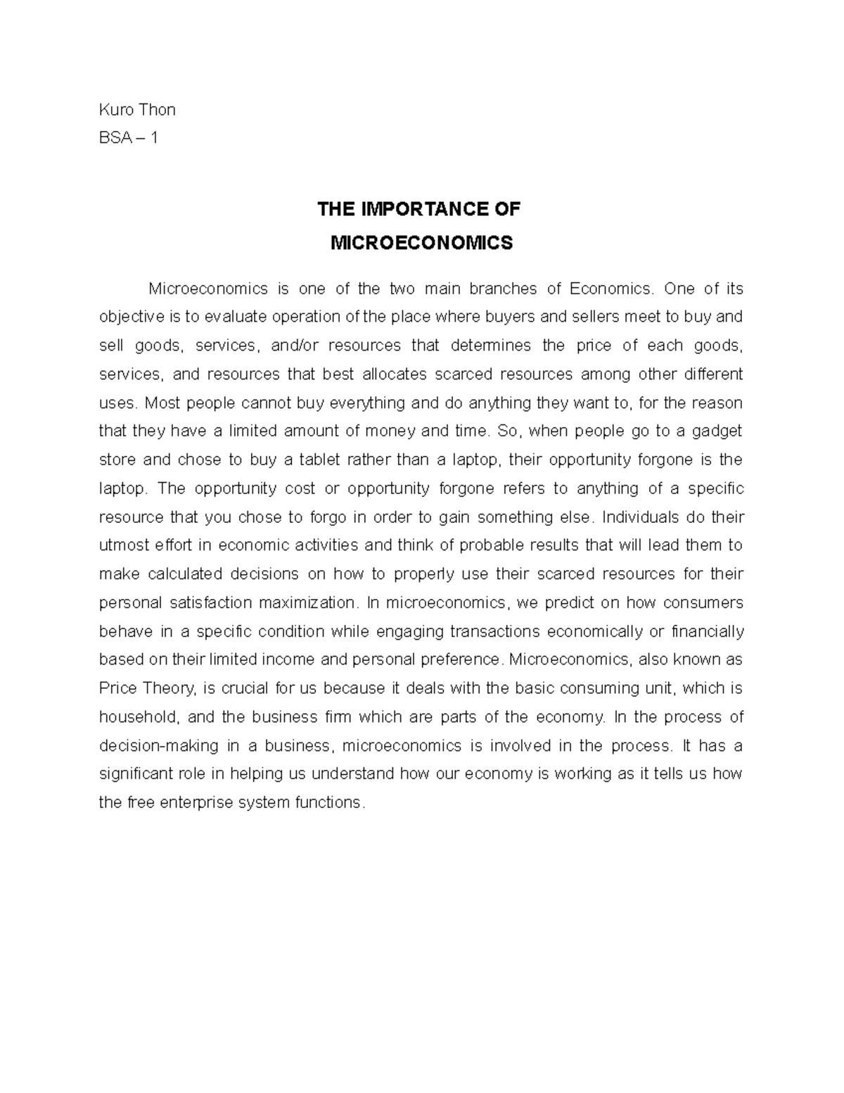 Microeconomics Kuro Thon - Kuro Thon BSA – 1 THE IMPORTANCE OF ...