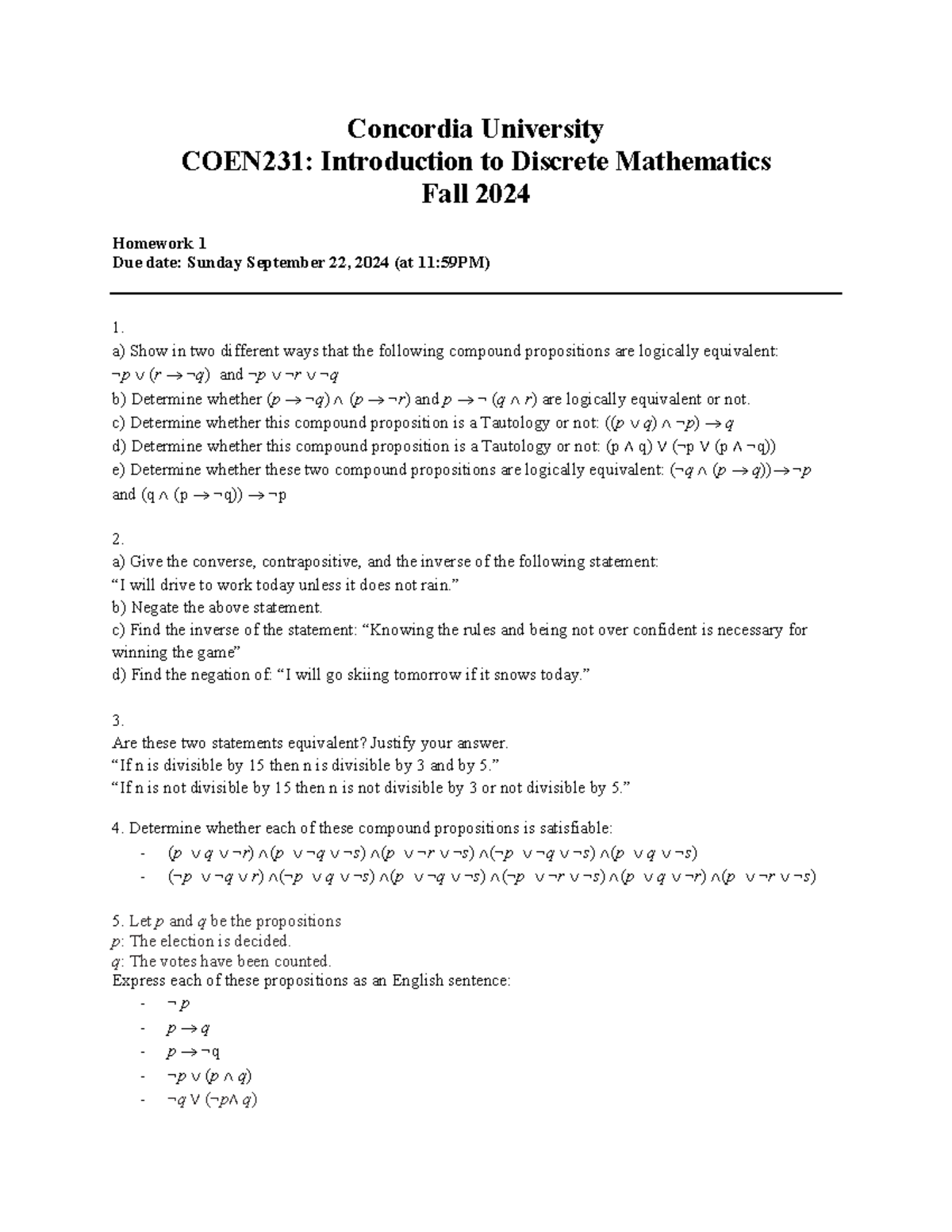 COEN 231 Assignment - Concordia University COEN231: Introduction to Discrete Mathematics Fall ...
