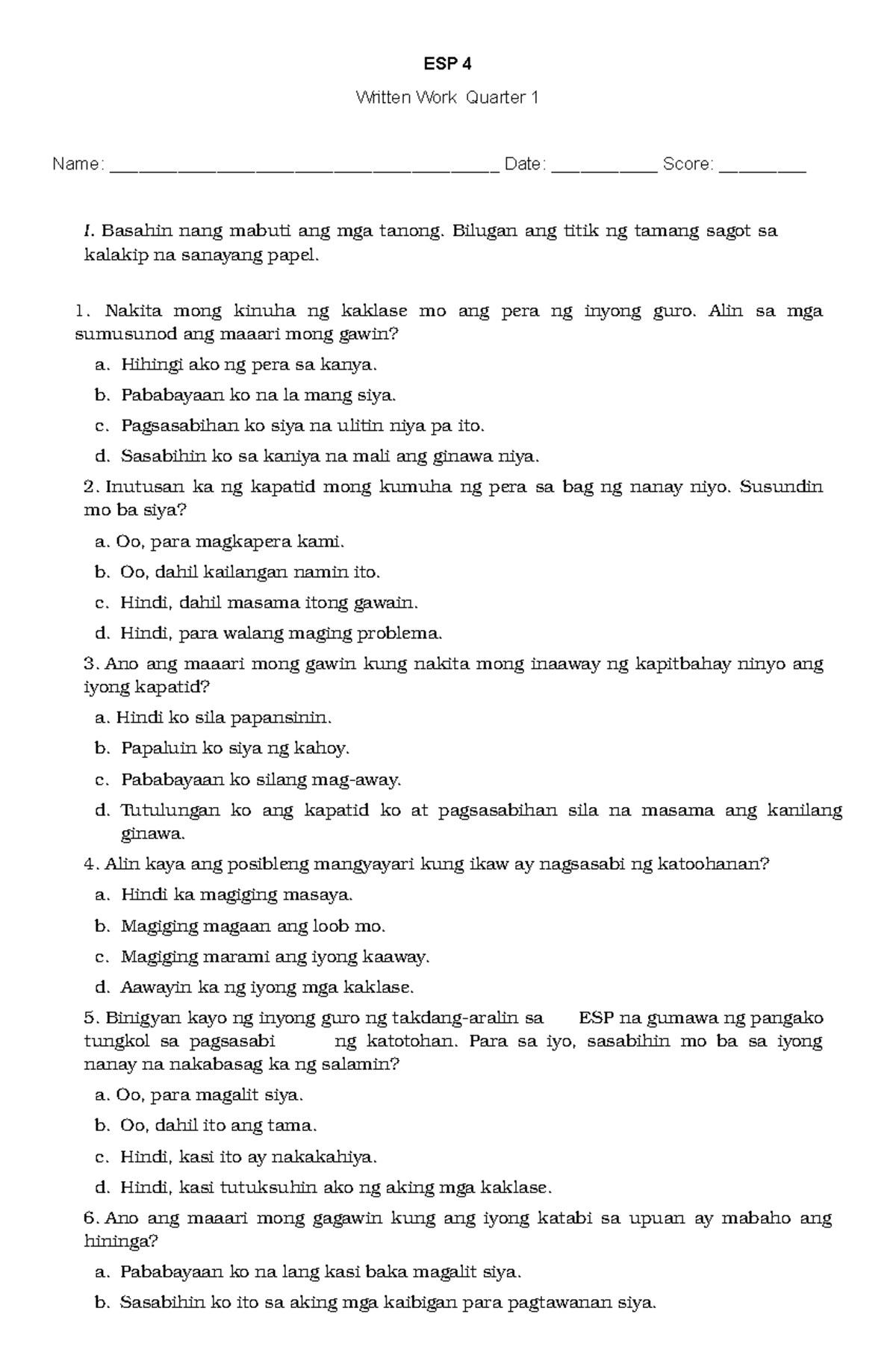 ST ESP 4 4 SSES - SSES - ESP 4 Written Work Quarter 1 Name