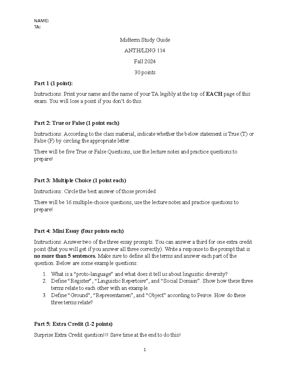 Midterm Study Guide 114 2024 - NAME: TA: 1 Midterm Study Guide ANTH ...