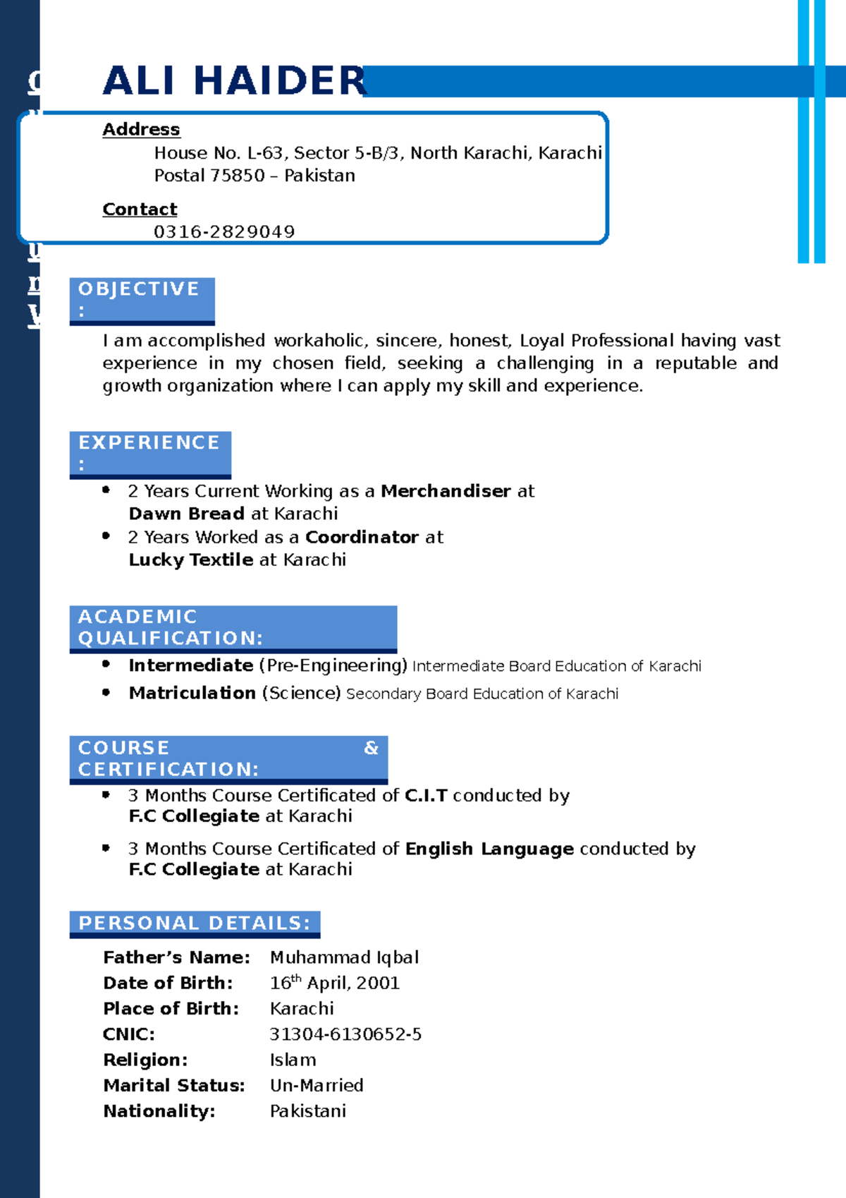 Ali Haider CV - Lecture Notes for Students - ALI HAIDER Address House ...