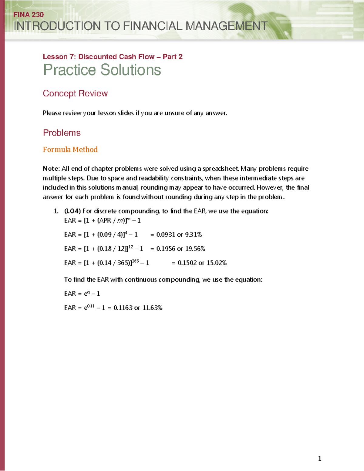 FINA230 Lesson 7 Practice Solutions - INTRODUCTION TO FINANCIAL ...