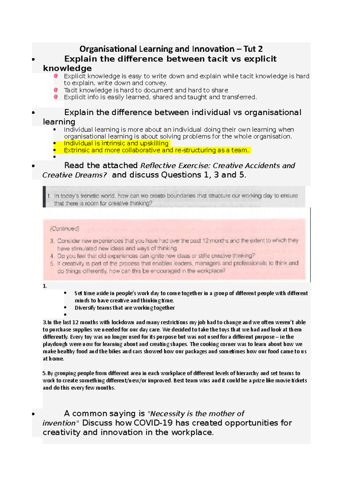 Organisational Learning and Innovation - tut 2 - EMPL2202 - UWA - Studocu