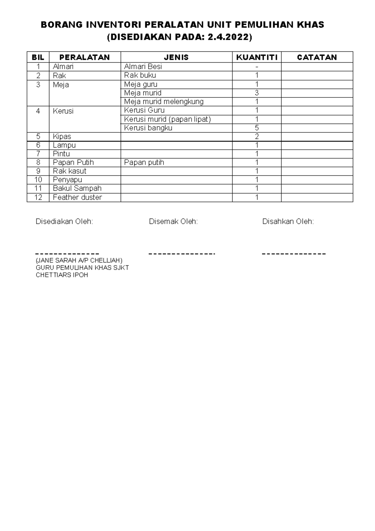 Borang inventori peralatan unit pemulihan khas - BORANG INVENTORI ...