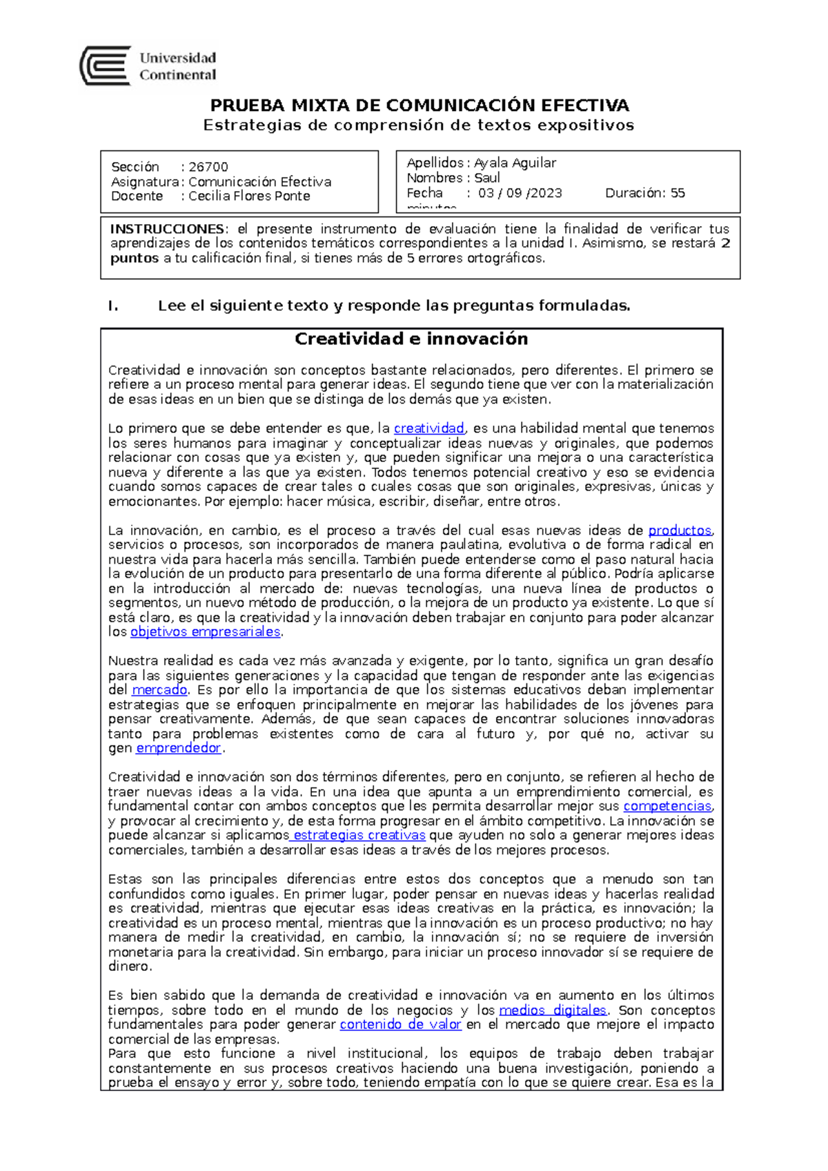 PA01_ Comunicación Efectiva - PRUEBA MIXTA DE COMUNICACIÓN EFECTIVA Estrategias de comprensión ...