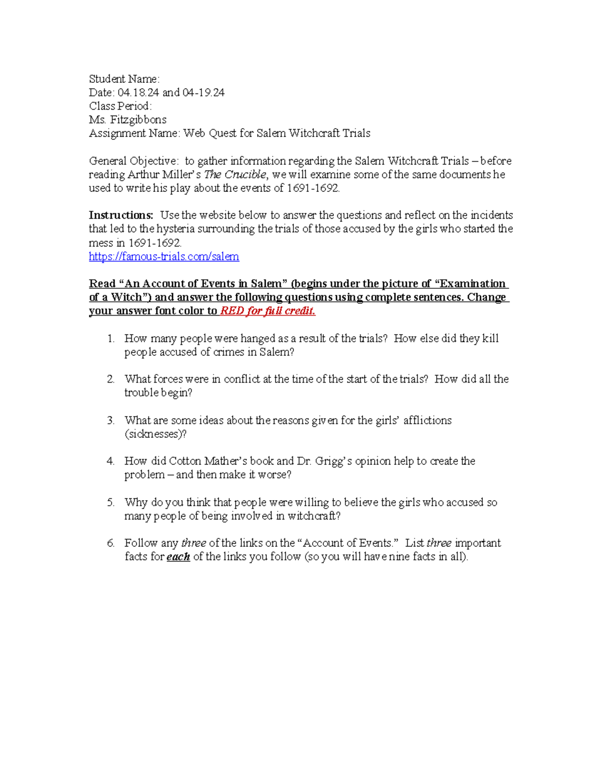 Webquest for Salem Witchcraft trialsv 3 - Student Name: Date: 04.18 and ...