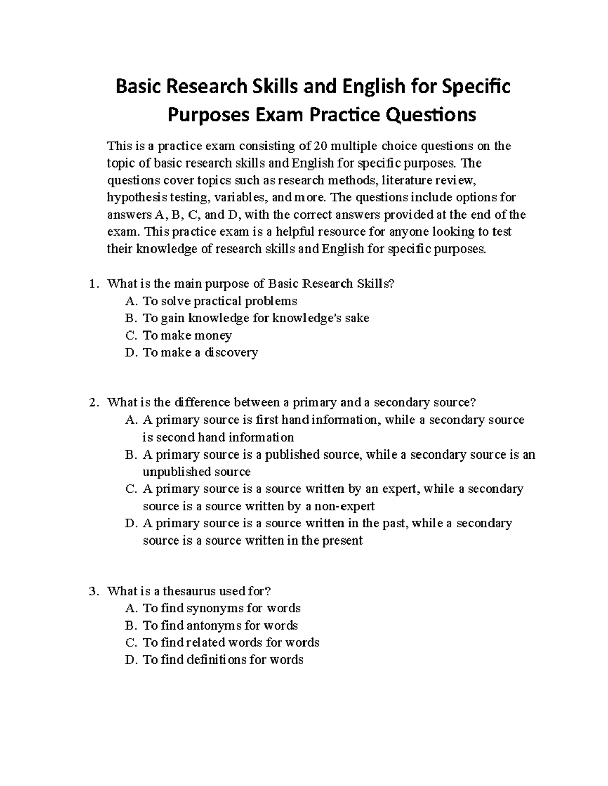 Basic Research Skills and English for Specific Purposes Exam Practice ...