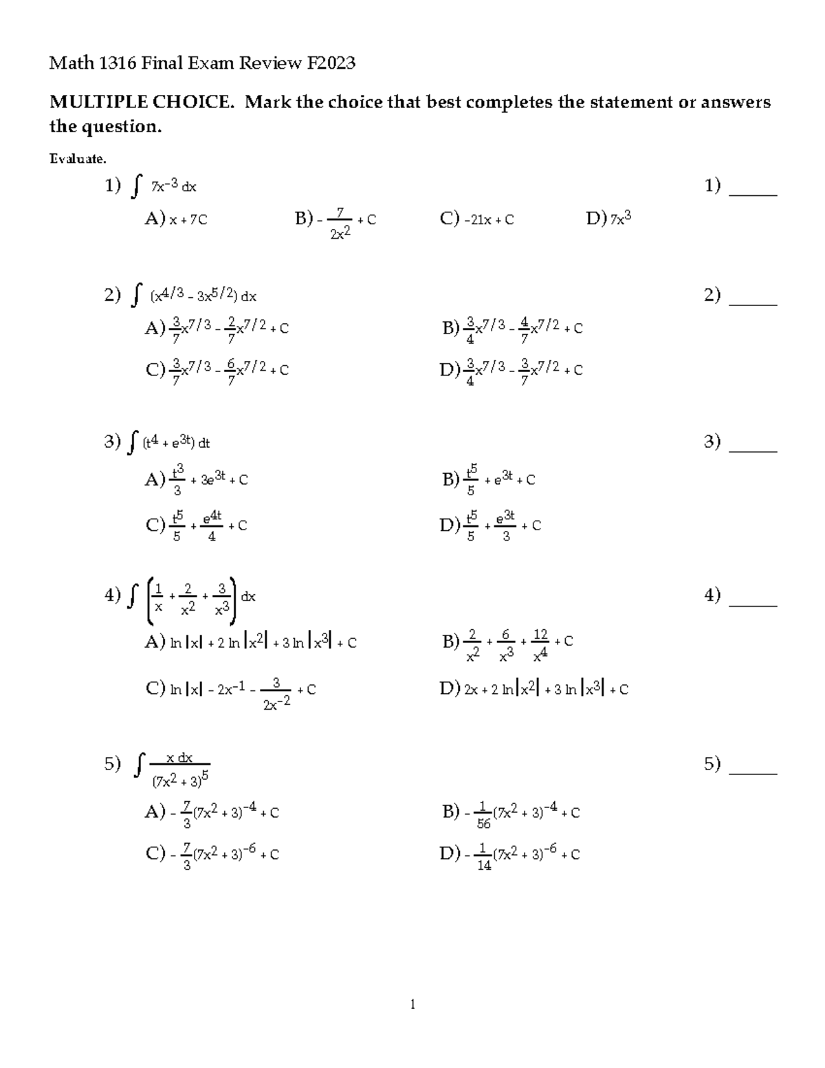 Math 1316 Final Review - Homework - Math 1316 Final Exam Review F MULTIPLE CHOICE. Mark the ...