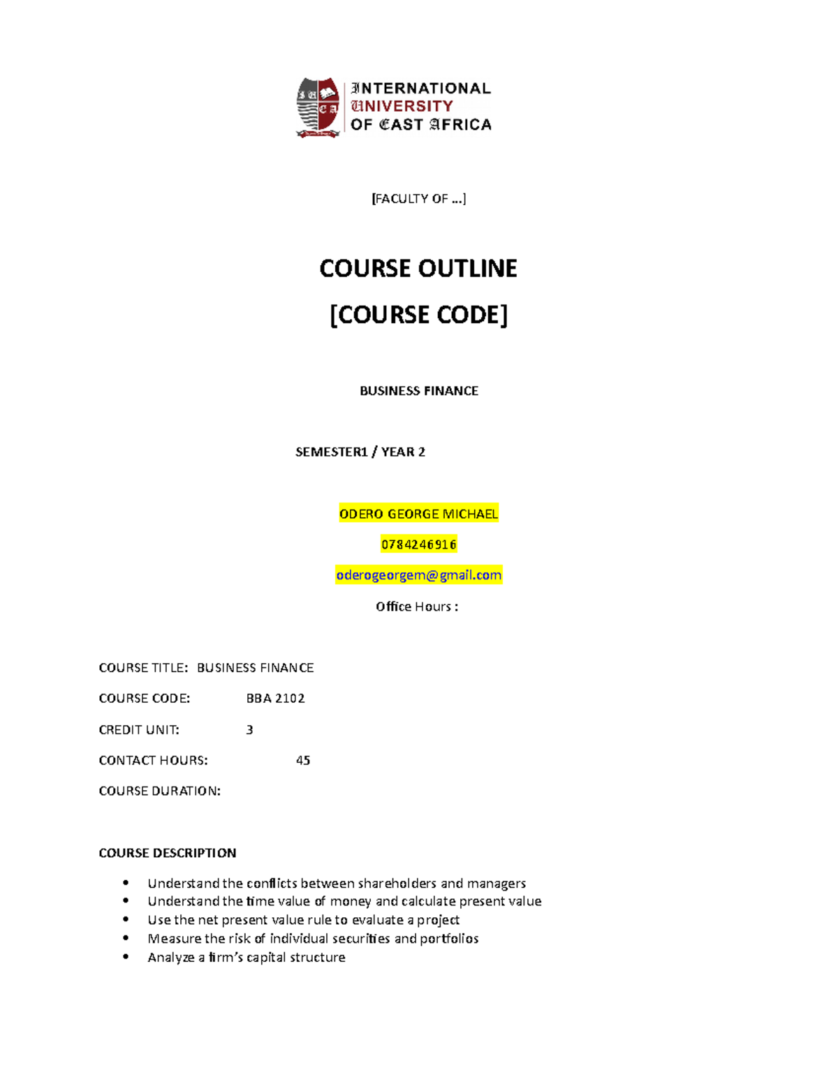 Business Finance Notes - [FACULTY OF ...] COURSE OUTLINE [COURSE CODE ...