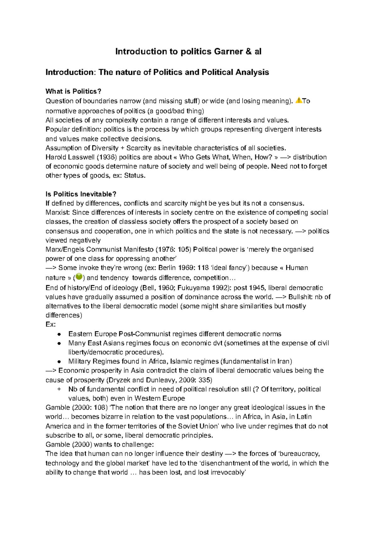 Reading notes - Introduction to politics Garner & al Introduction: The ...