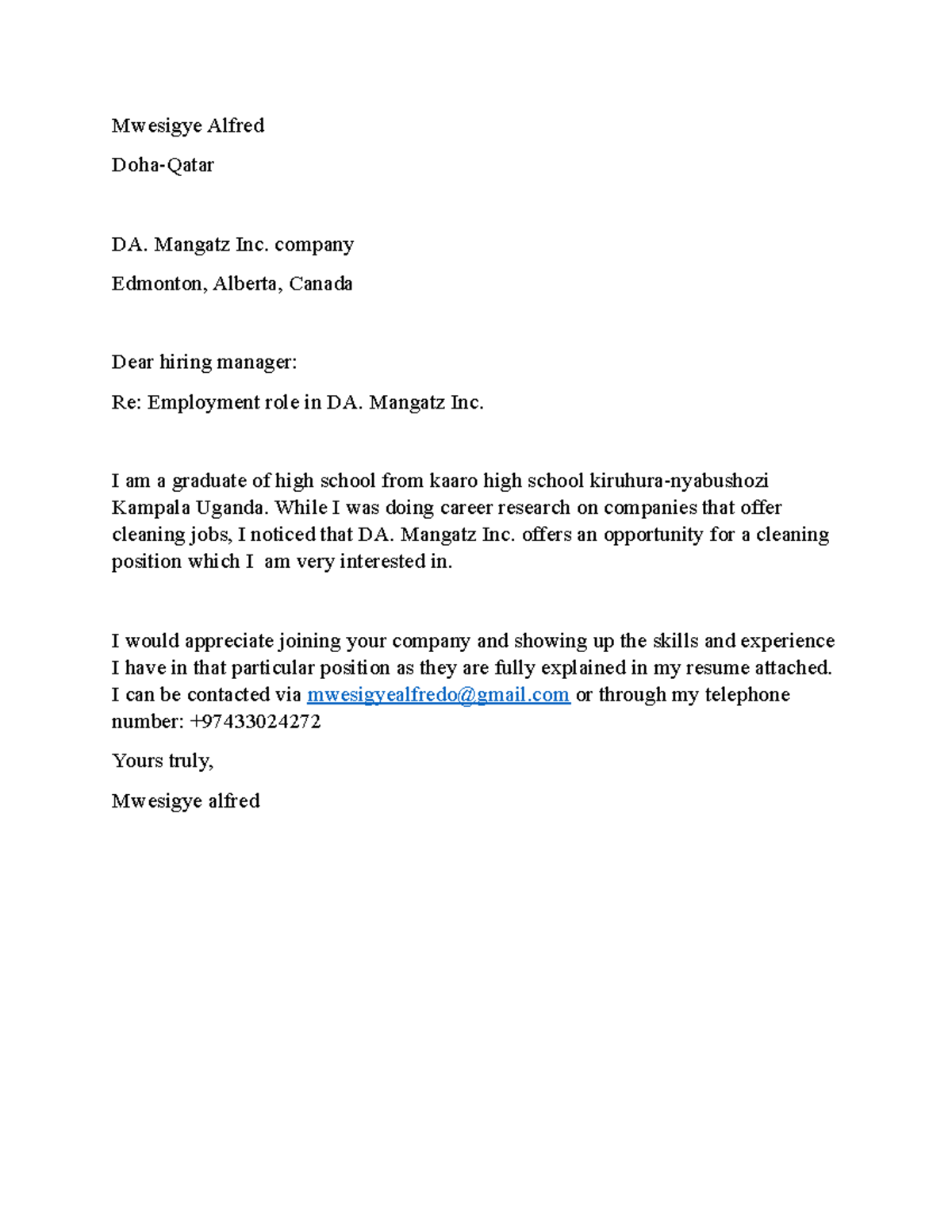 Mwesigye Alfred cover leter - CS 2205 - UoPeople - Studocu