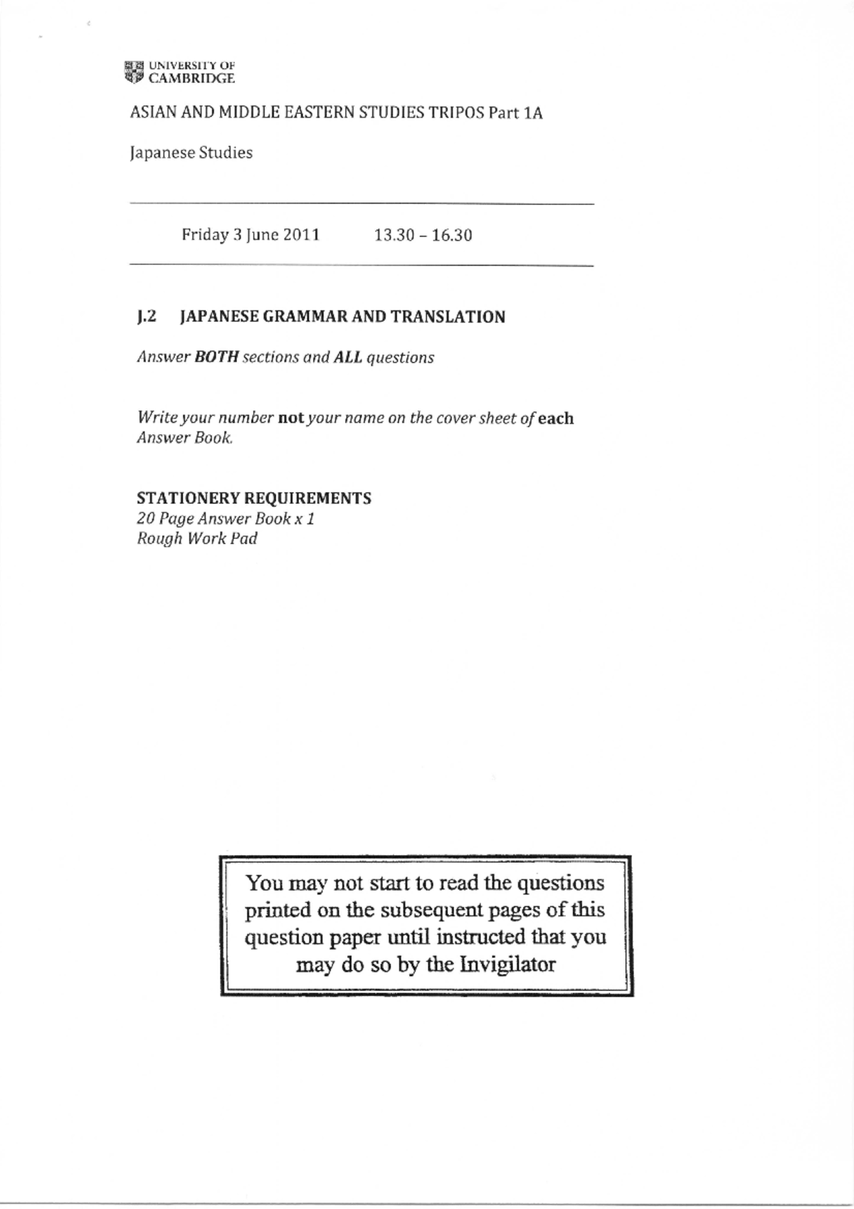 Exam 2011, questions - UNIVERSITY OF CAMBRIDGE ASIAN AND MIDDLE EASTERN ...