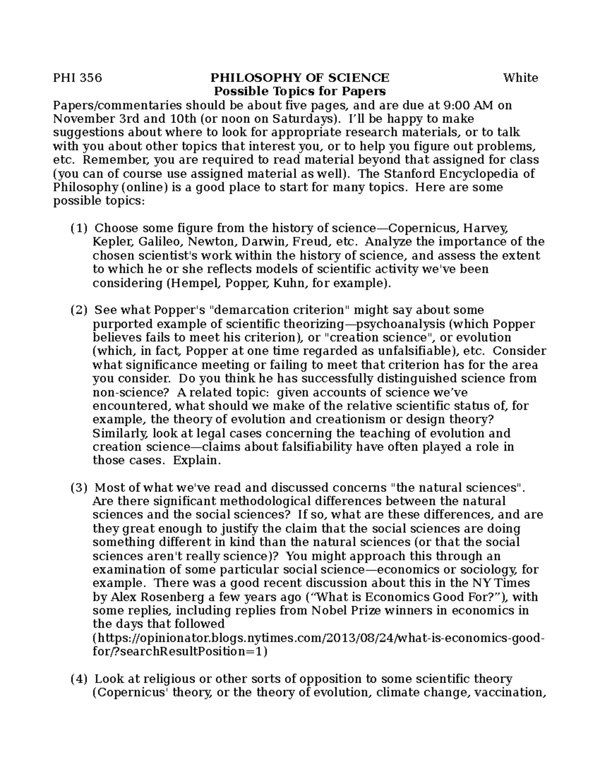 356-paper suggestions - PHI 356 PHILOSOPHY OF SCIENCE White Possible ...